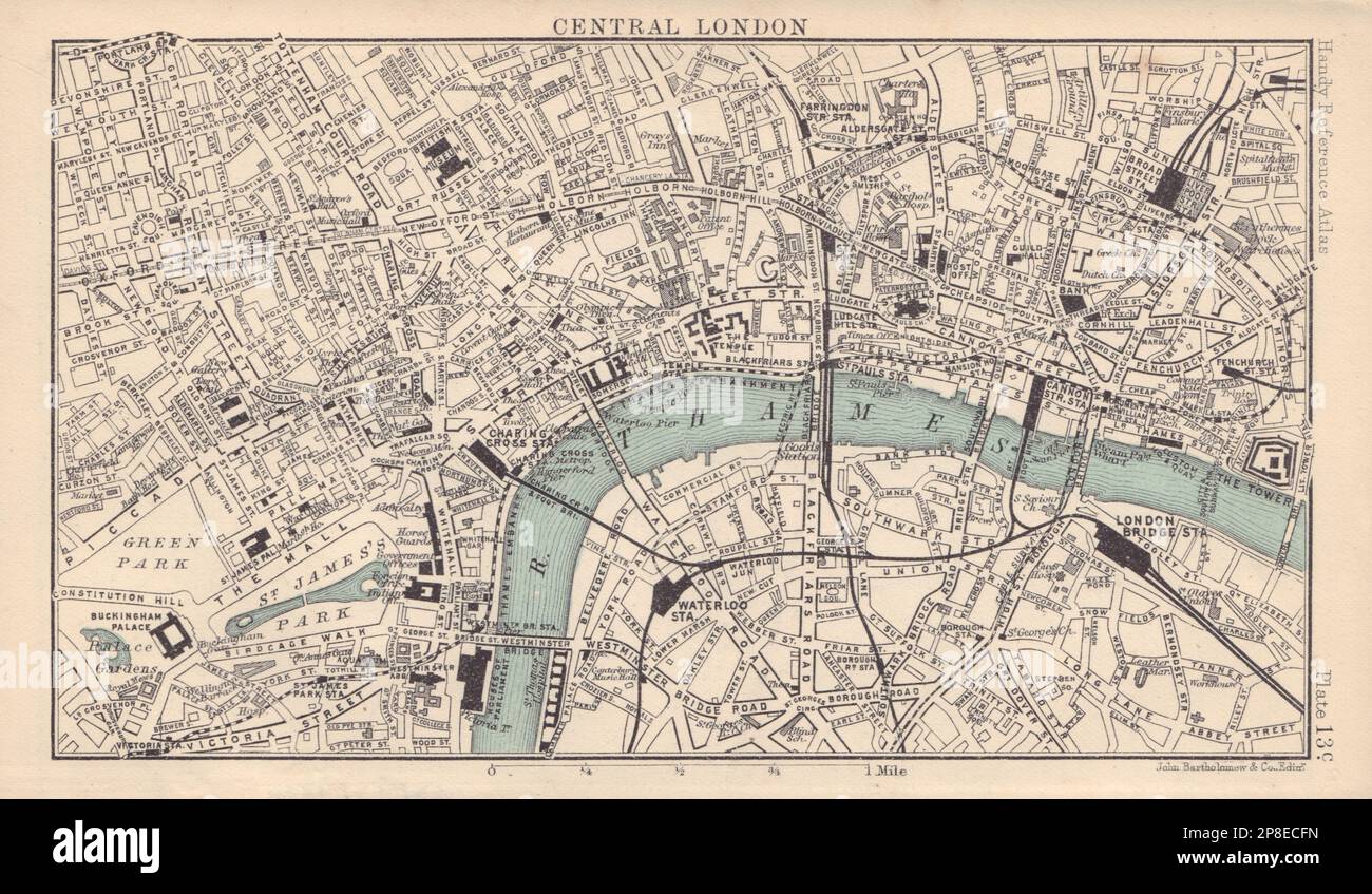 Central London town/city plan. BARTHOLOMEW 1898 old antique map chart ...