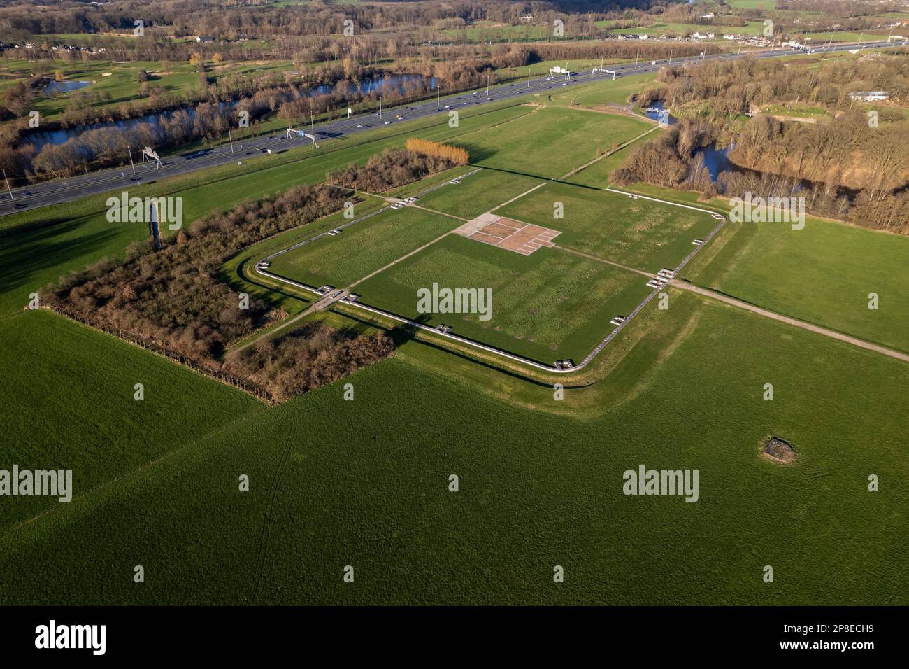 Archaeological historic site in Dutch landscape. Aerial view of ...