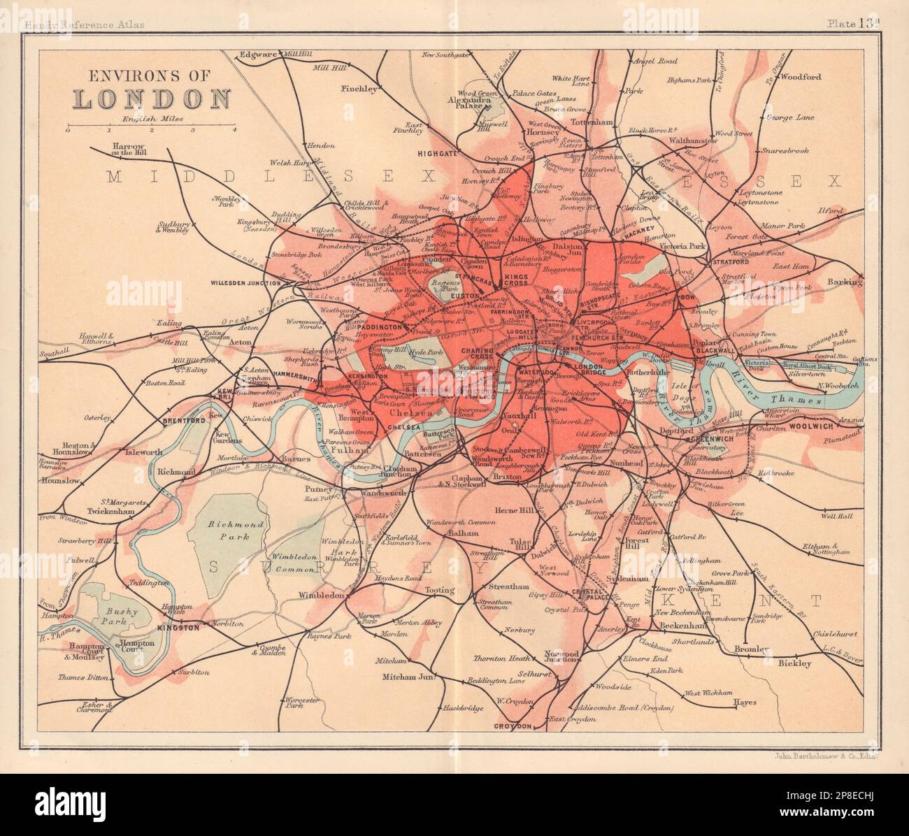 Greater London railways. BARTHOLOMEW 1898 old antique vintage map plan ...