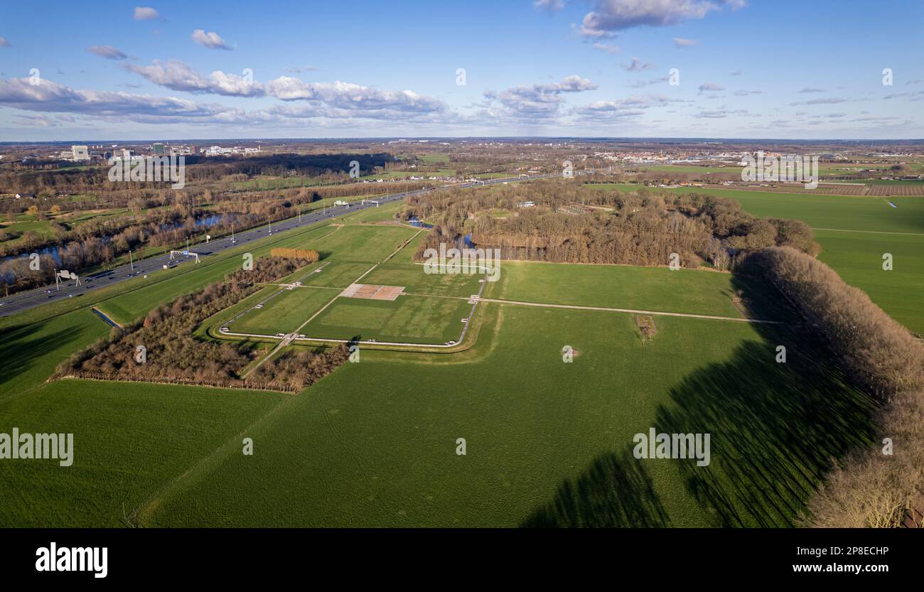 Aerial view of outlined remains of roman regiment fortification with ...