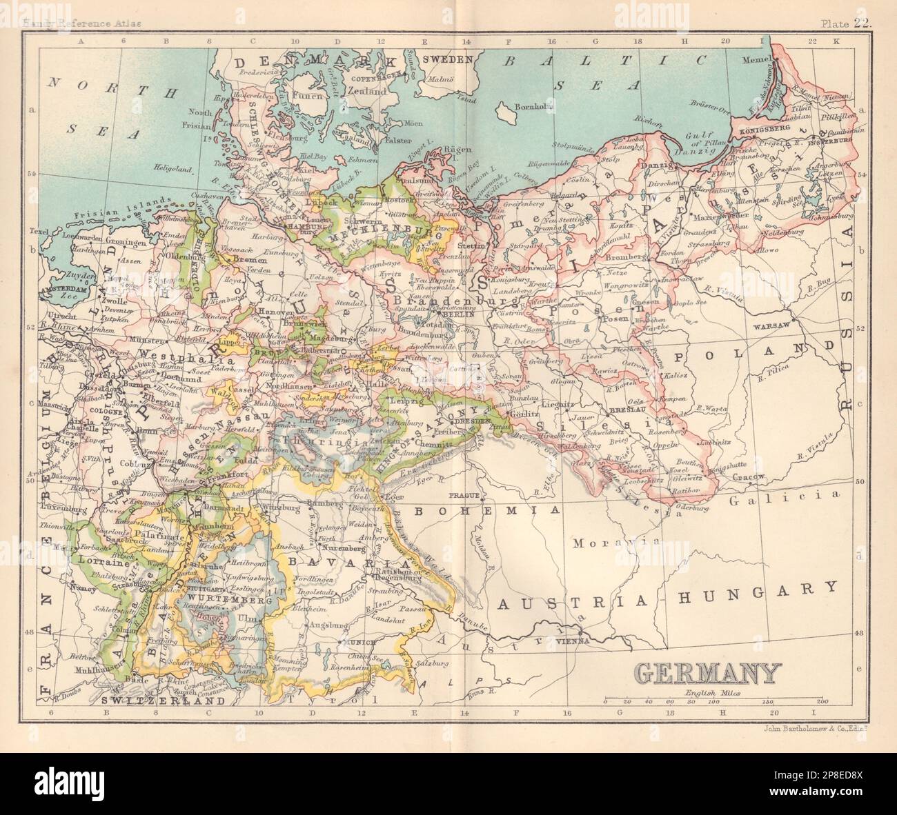Germany showing states. BARTHOLOMEW 1898 old antique vintage map plan ...