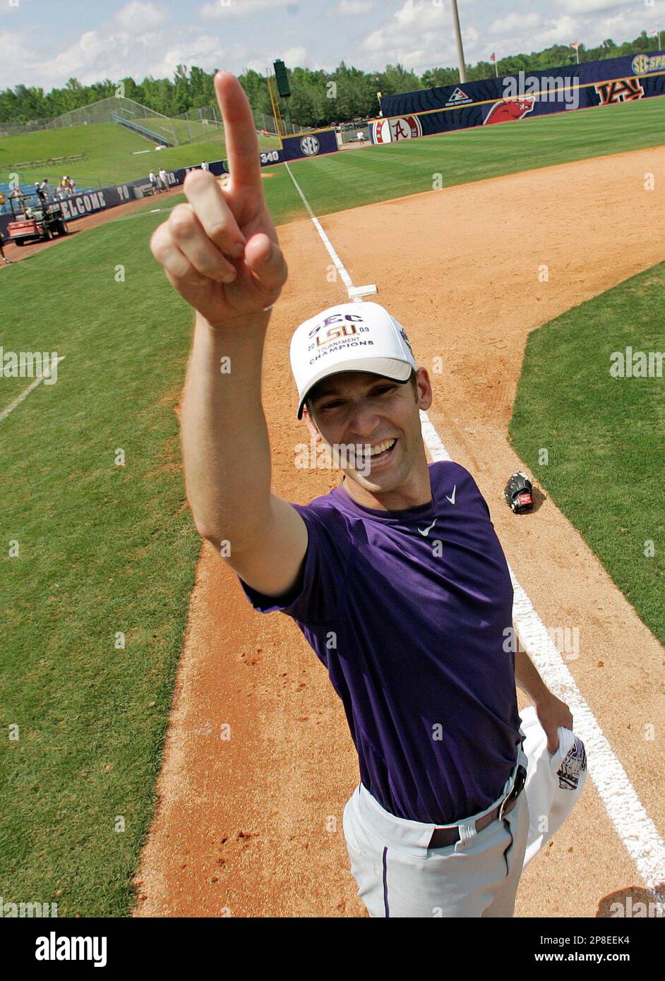 LSU pitcher Ryan Byrd reacts at the end of a 6-2 win over Vanderbilt in ...