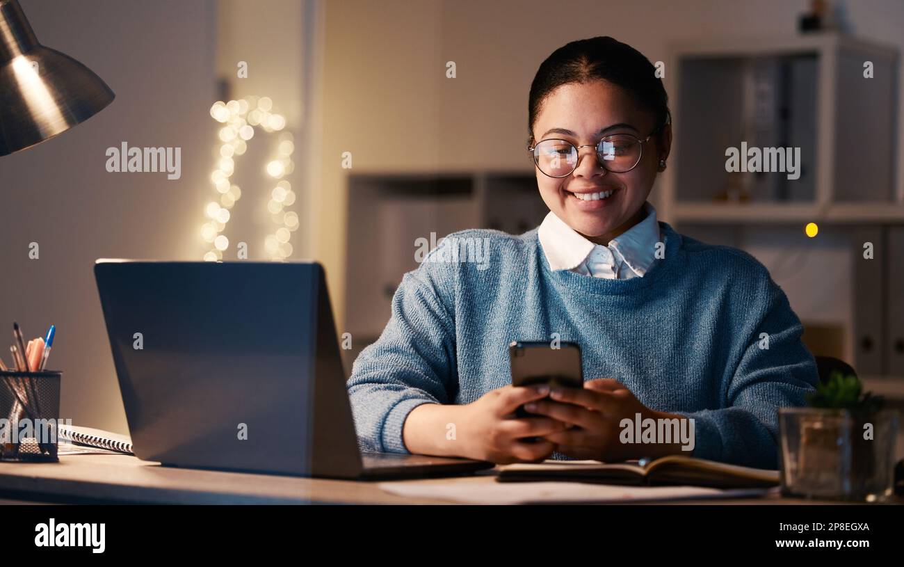 Woman, phone and student with laptop in home for elearning, project or ...