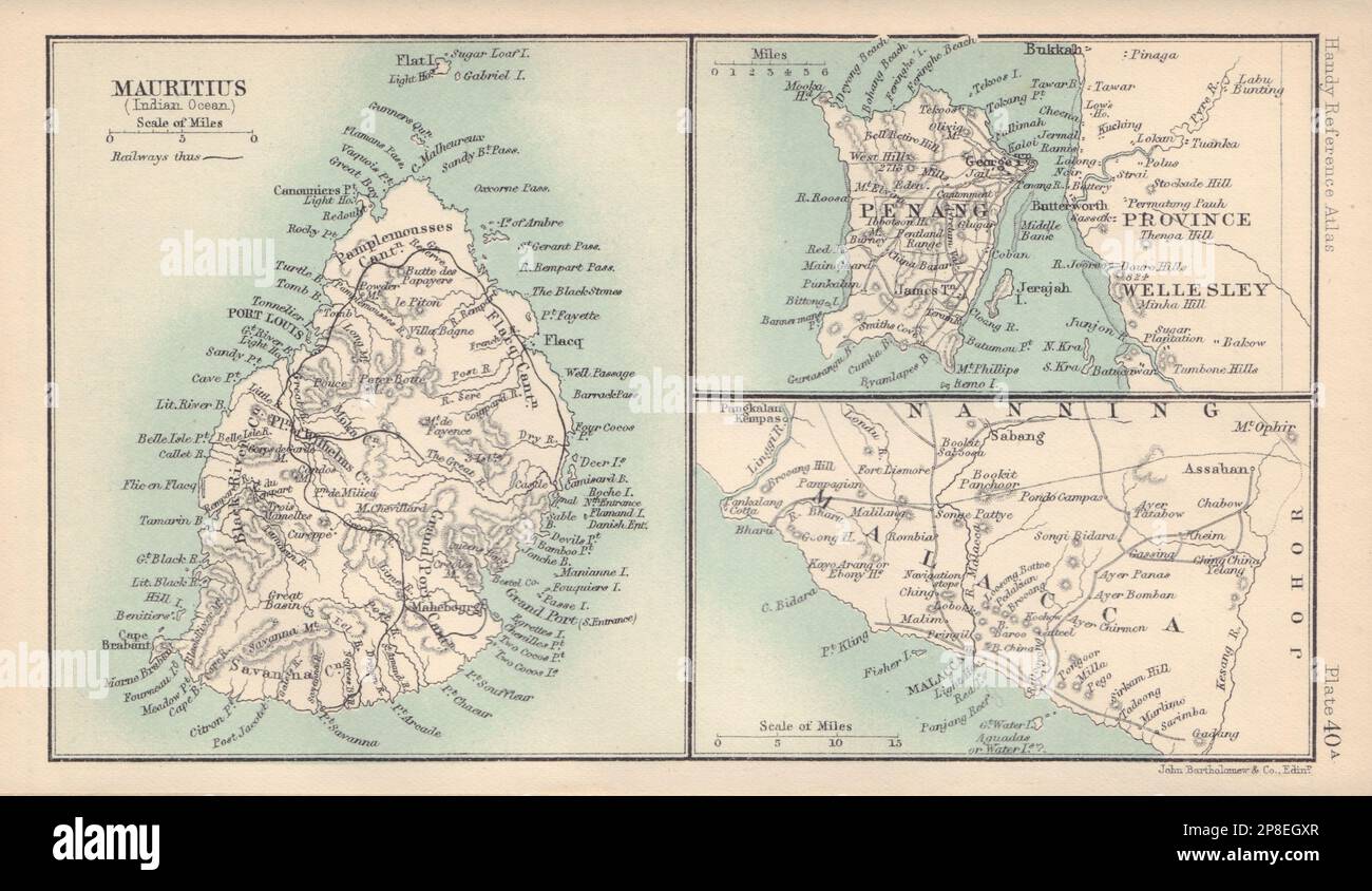 Mauritius, Penang & Malacca. BARTHOLOMEW 1898 old antique map plan ...