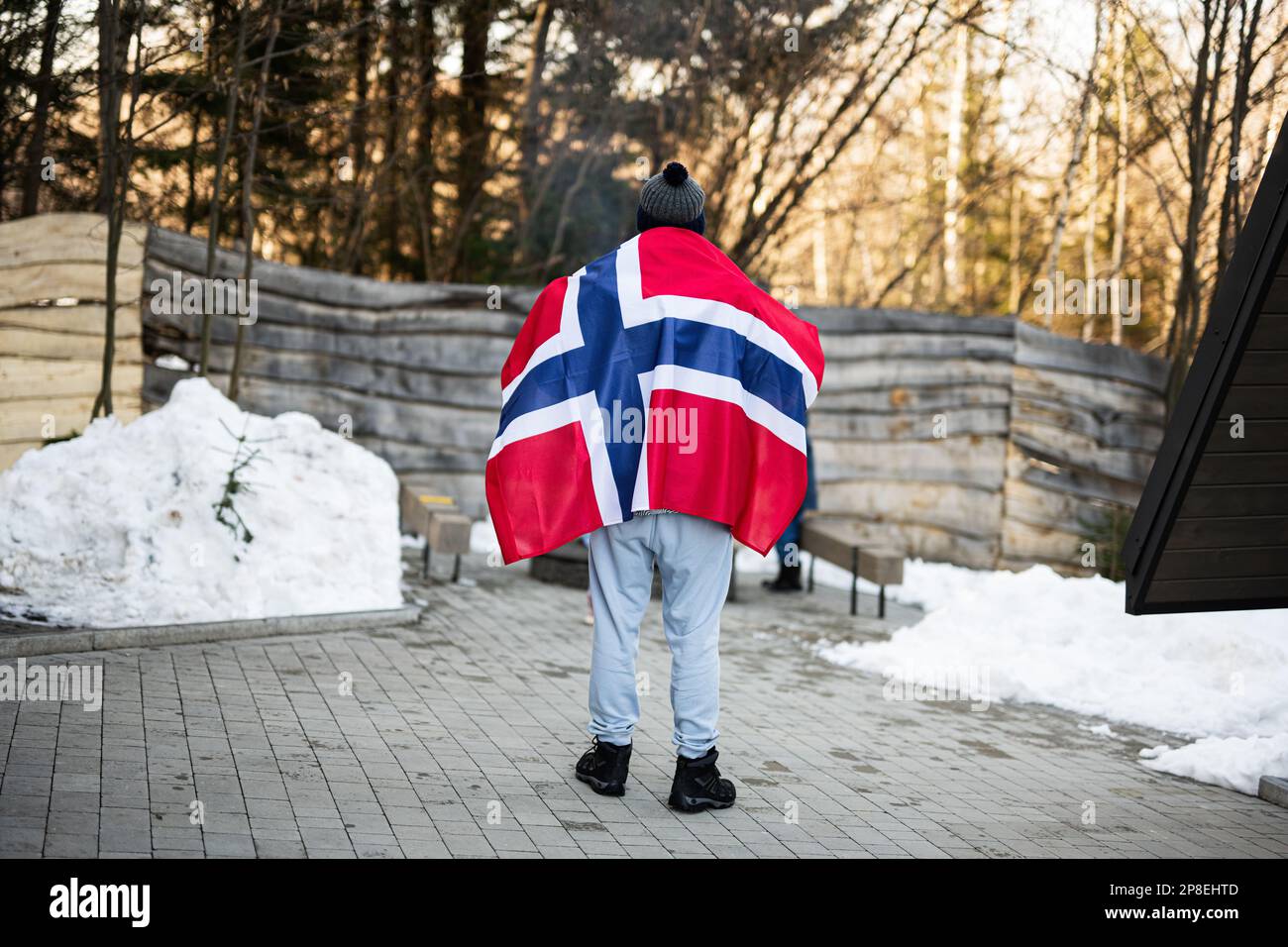 Back of man holding Norway flag. Scandinavian culture, norwegian people ...