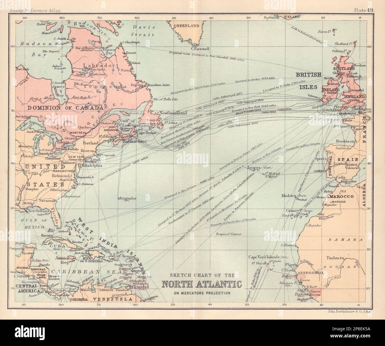 Sketch Chart of the North Atlantic. Shipping routes. BARTHOLOMEW 1898 ...