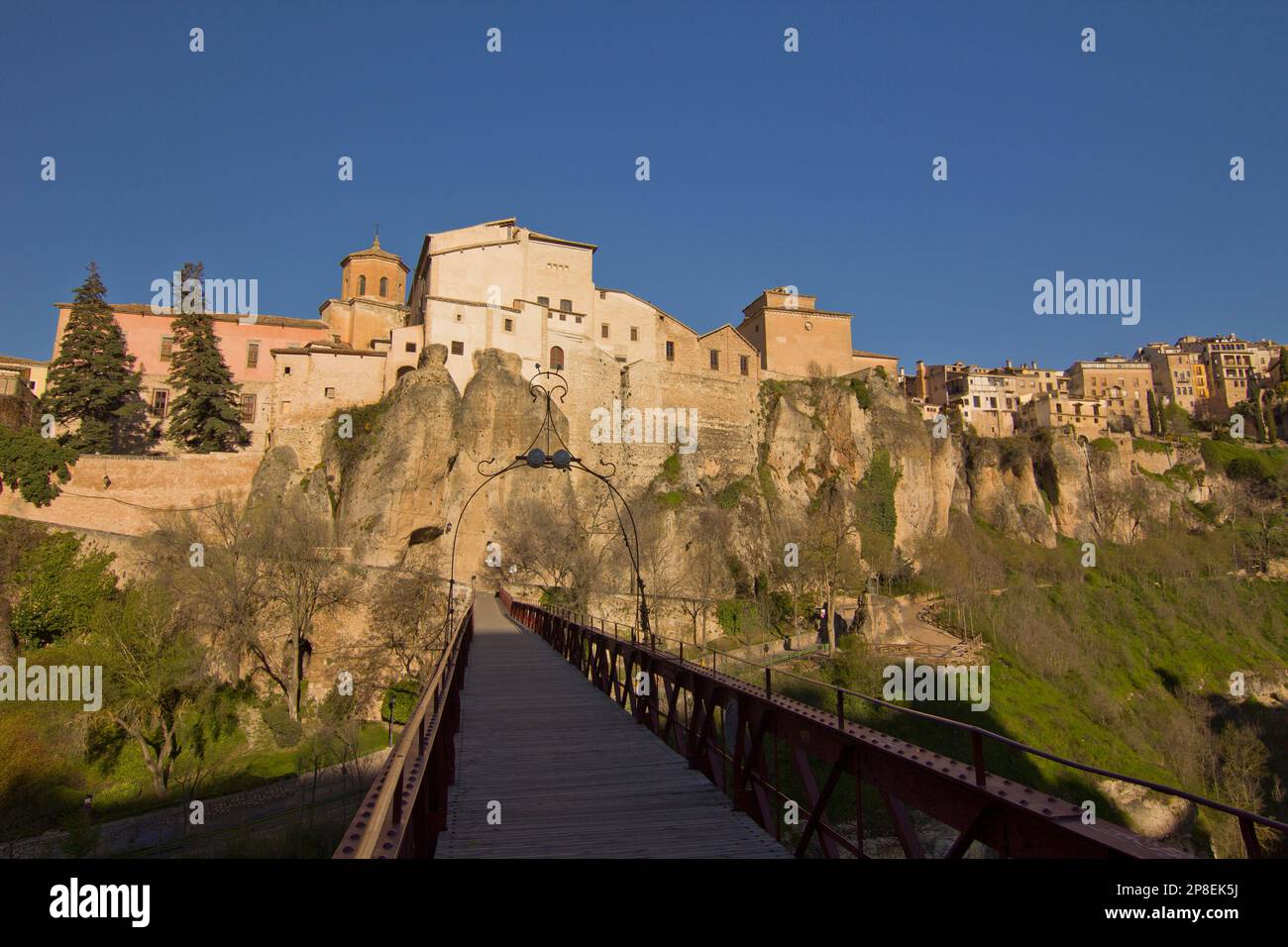 Bridge across gorge to the medieval town of Cuenca, Castilla-La Mancha ...