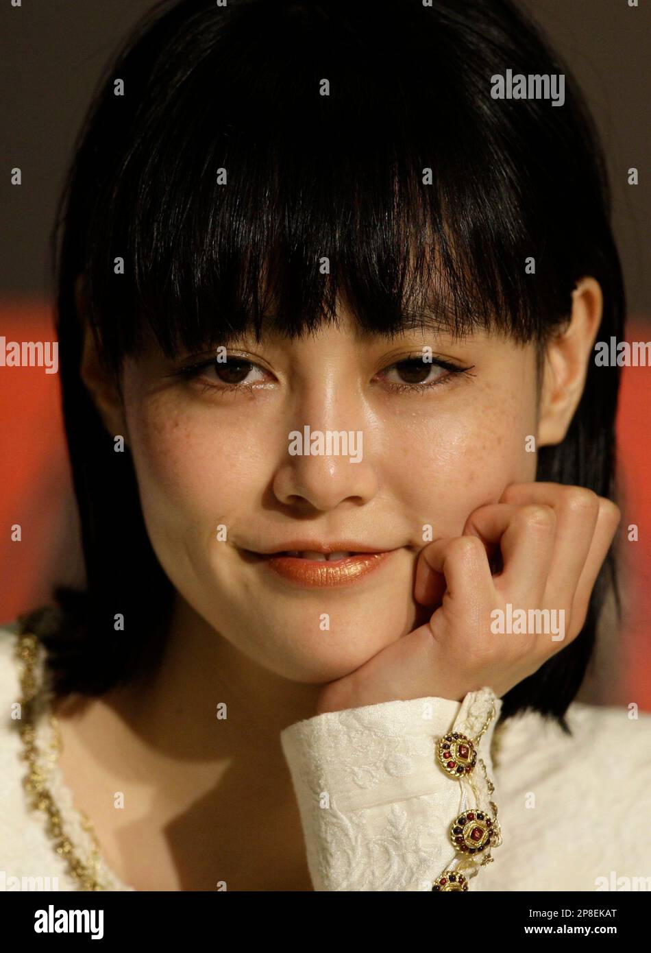 Japanese actress Rinko Kikuchi looks on during a press conference for ...