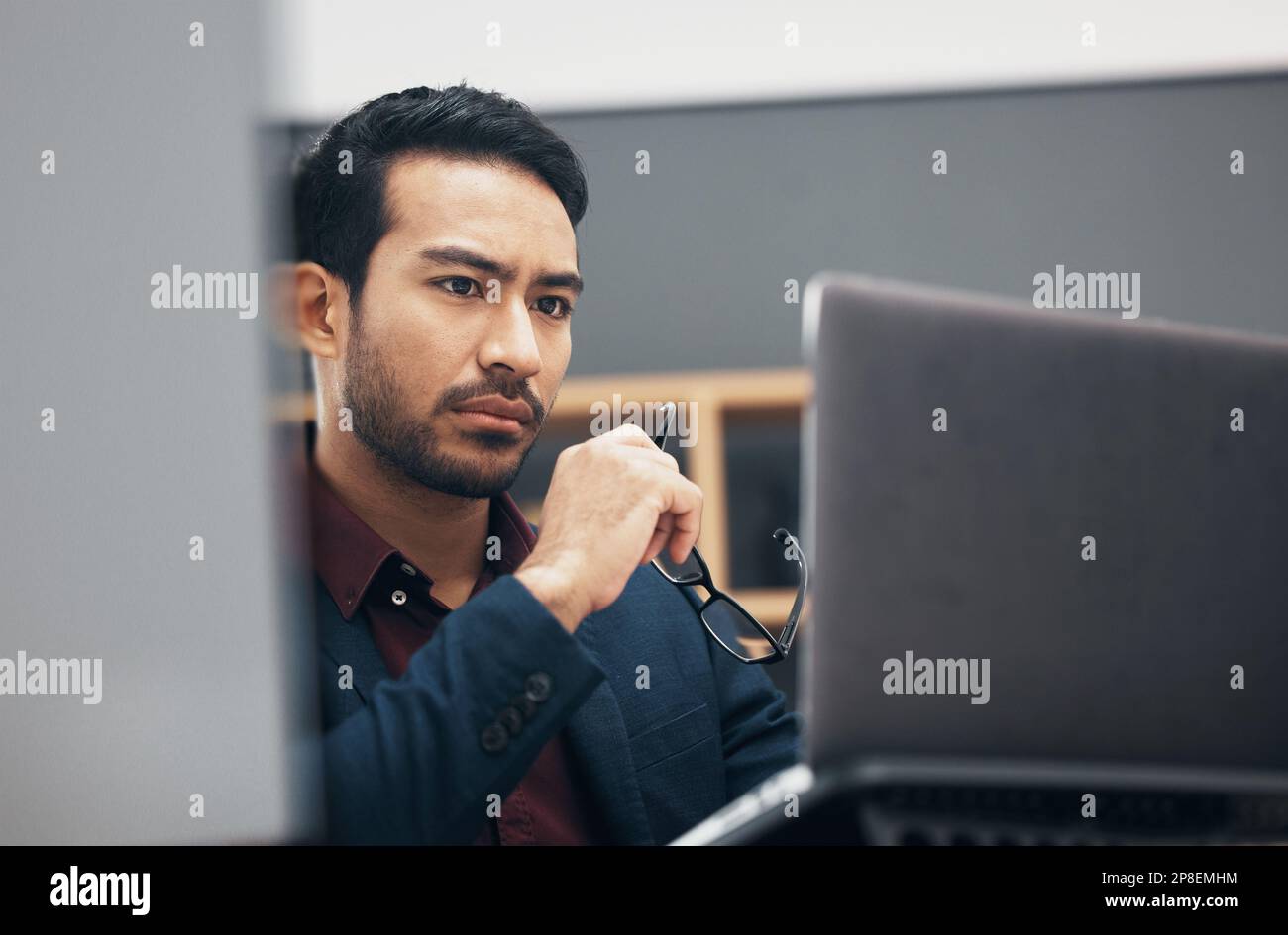 Administration laptop, serious and man reading finance spreadsheet, online banking payroll or ...