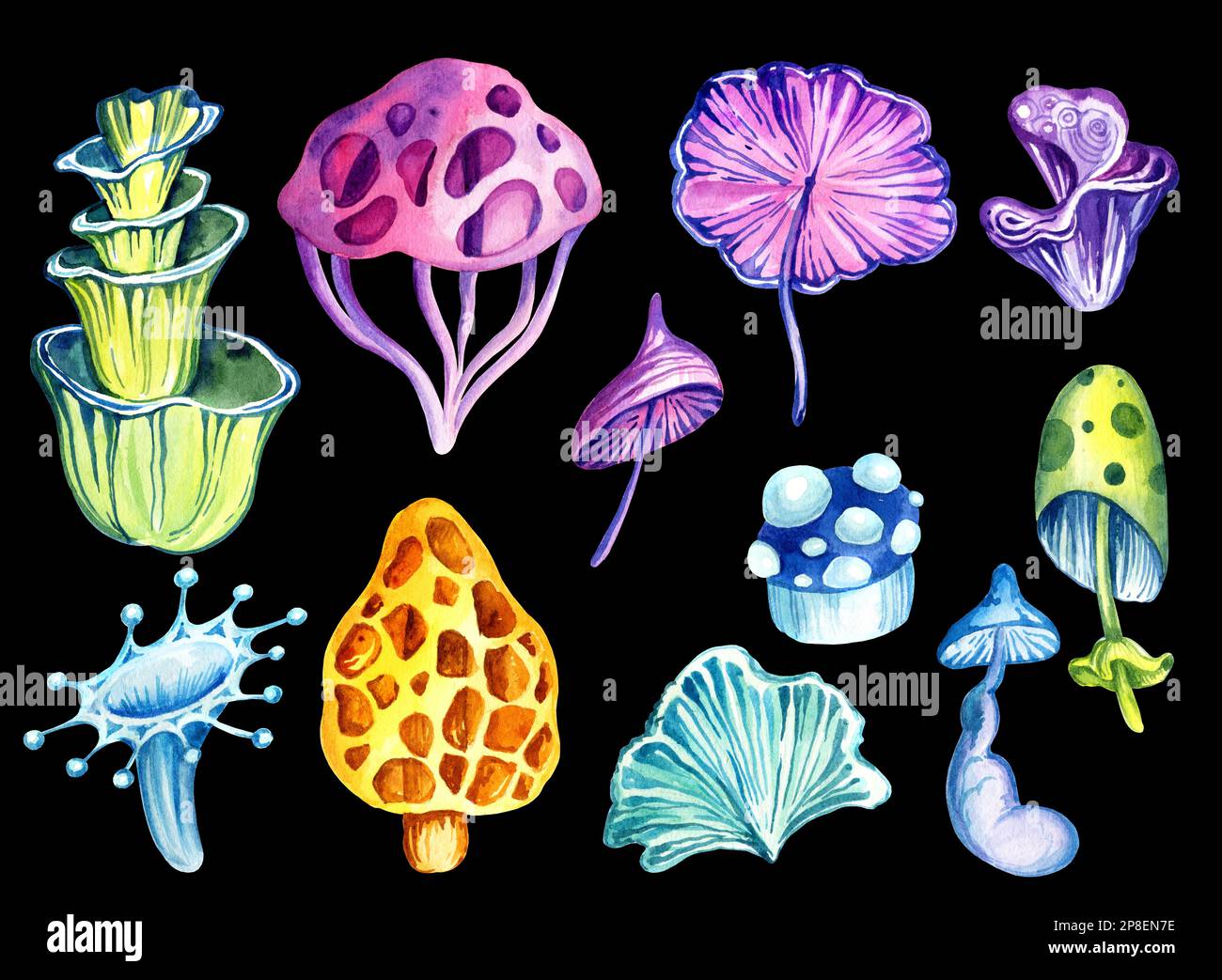 Set of fantastic cosmic mushrooms and stas on black background ...