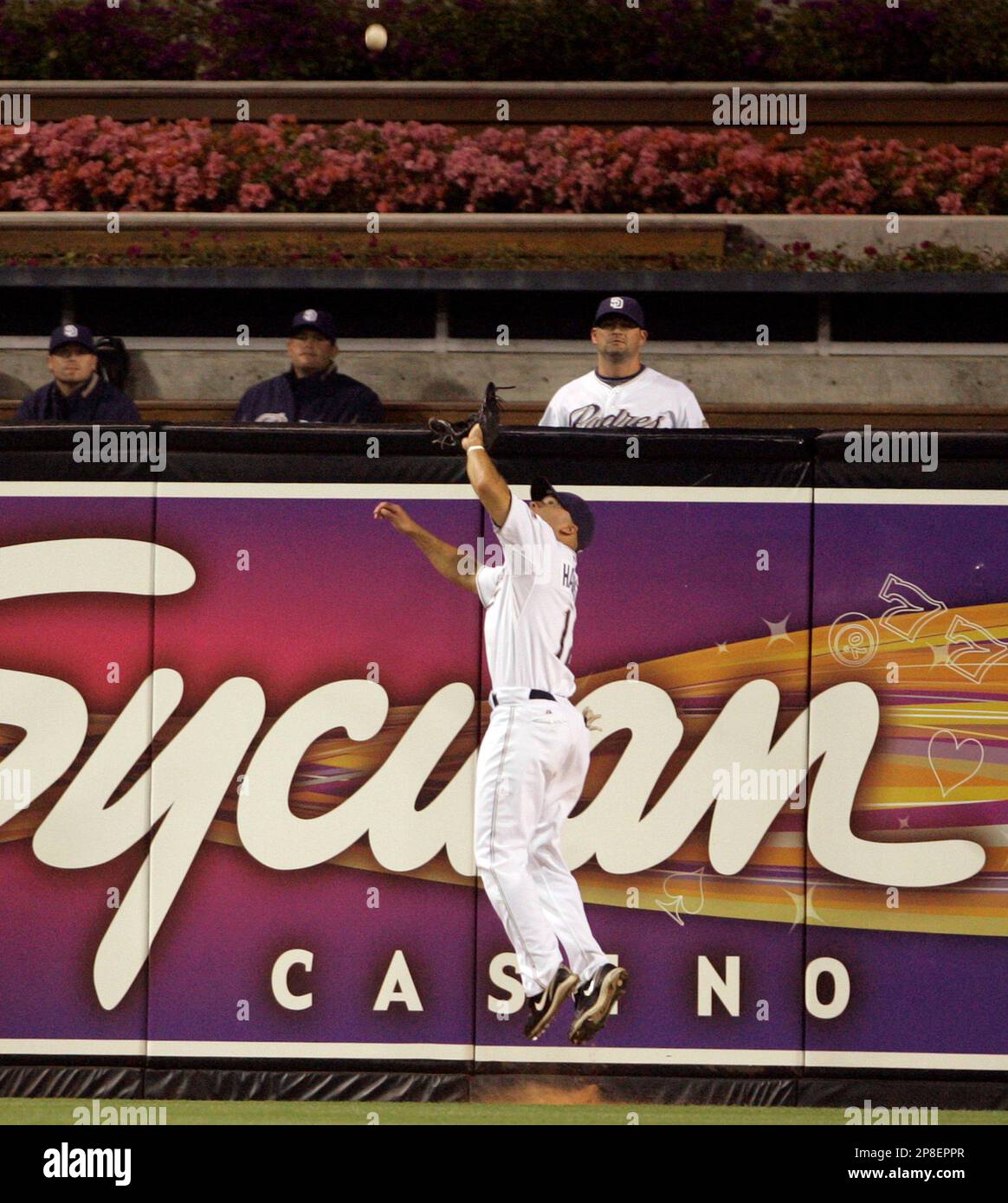 San Diego Padres center fielder Scott Hairston goes up at the wall to ...