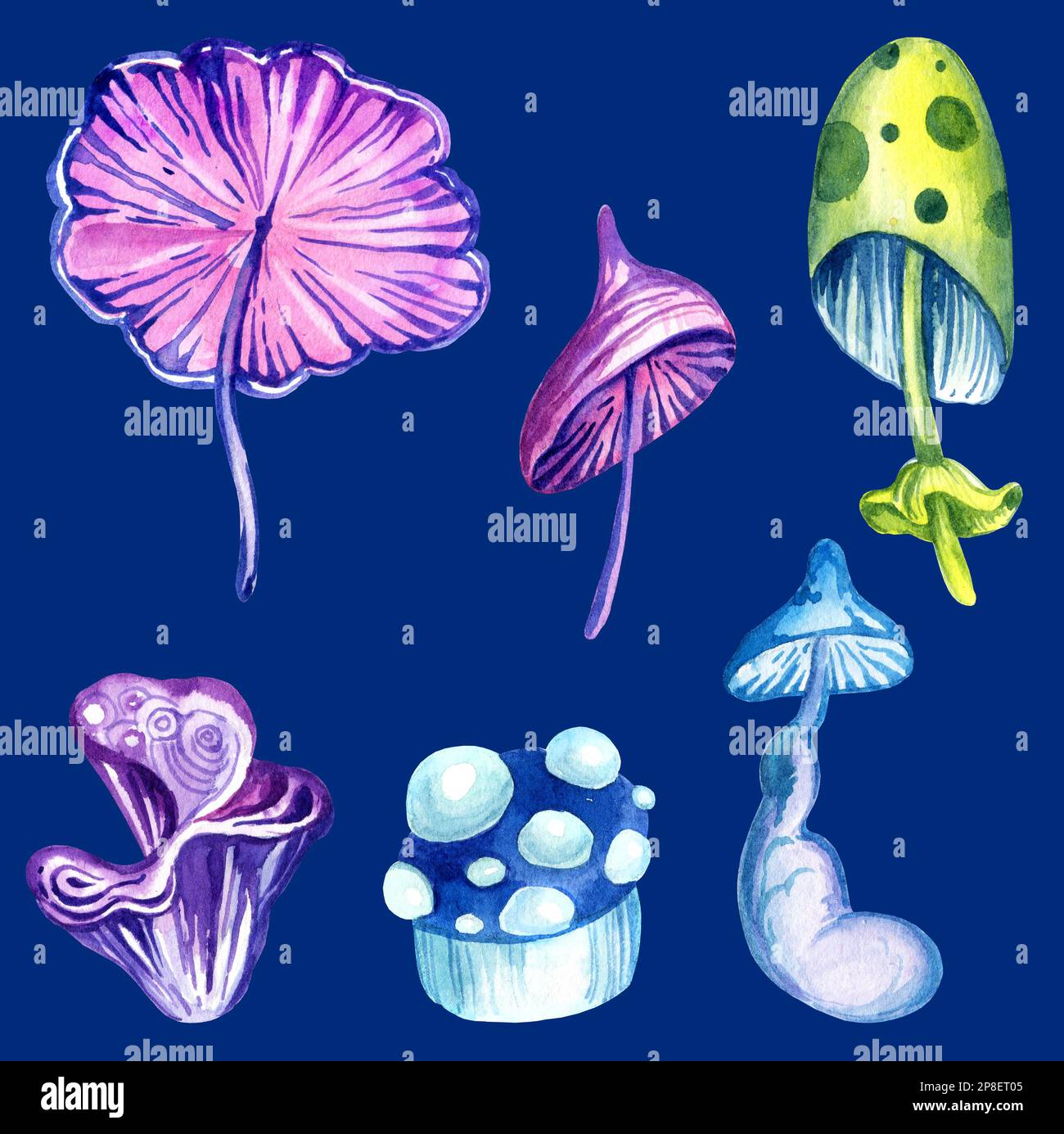 Set of fantastic cosmic mushrooms and stas on blue background ...