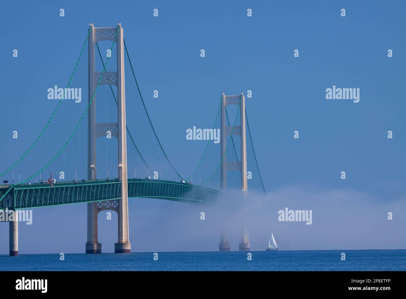 A long suspension bridge connecting the upper and lower peninsula of ...