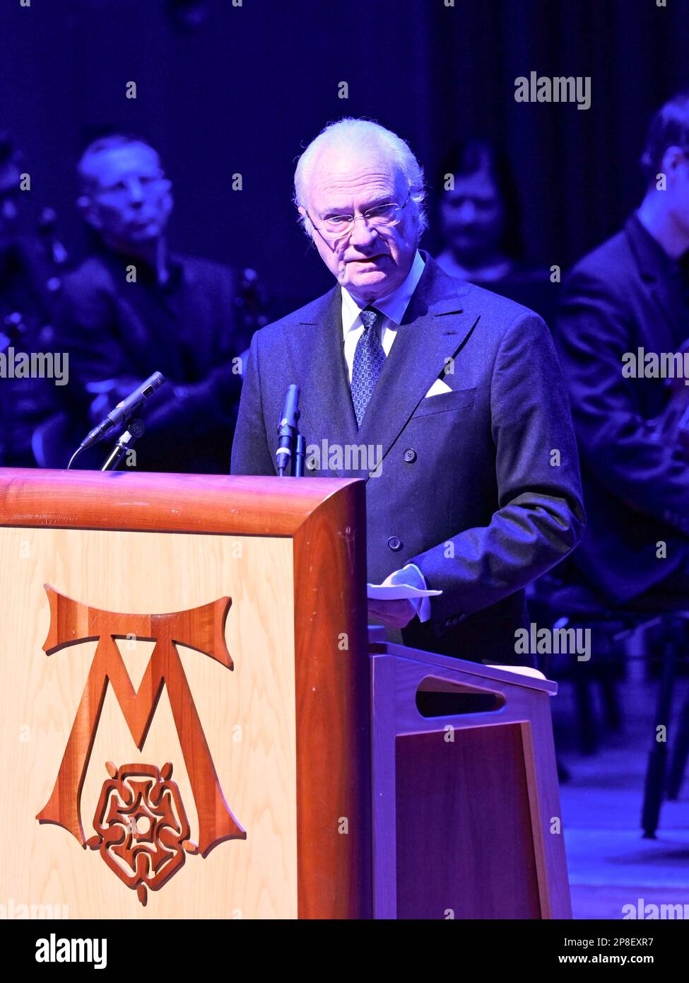 Sweden's King Carl XVI Gustaf delivers a speech at Västerås Concert ...