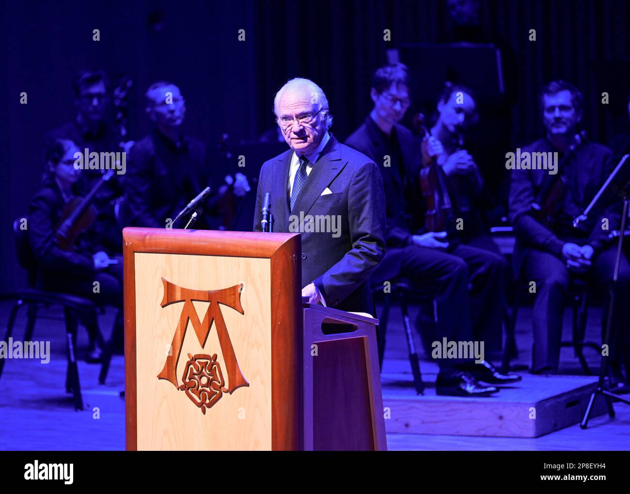 Sweden's King Carl XVI Gustaf delivers a speech at Västerås Concert ...