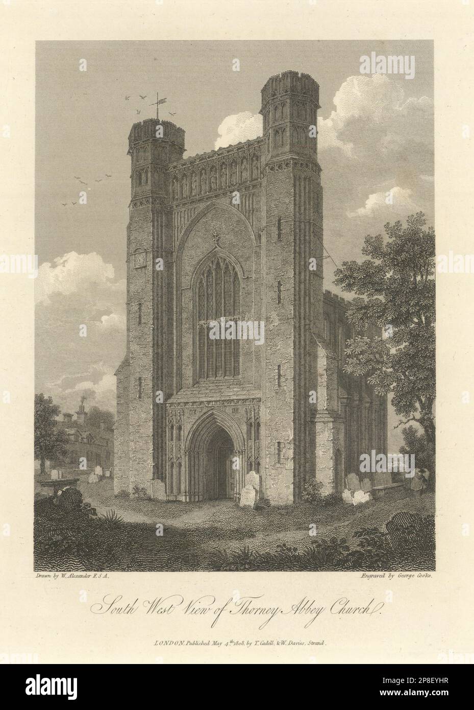 South west view of Thorney Abbey Church. ALEXANDER 1810 old antique ...