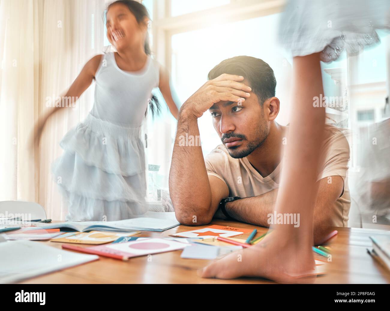 Headache, kids and father with stress, motion blur and children with ...