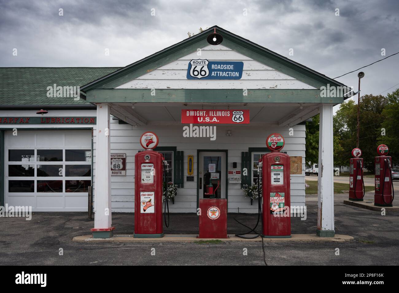 A Texaco gas station in a rural setting on an empty road in Dwight ...