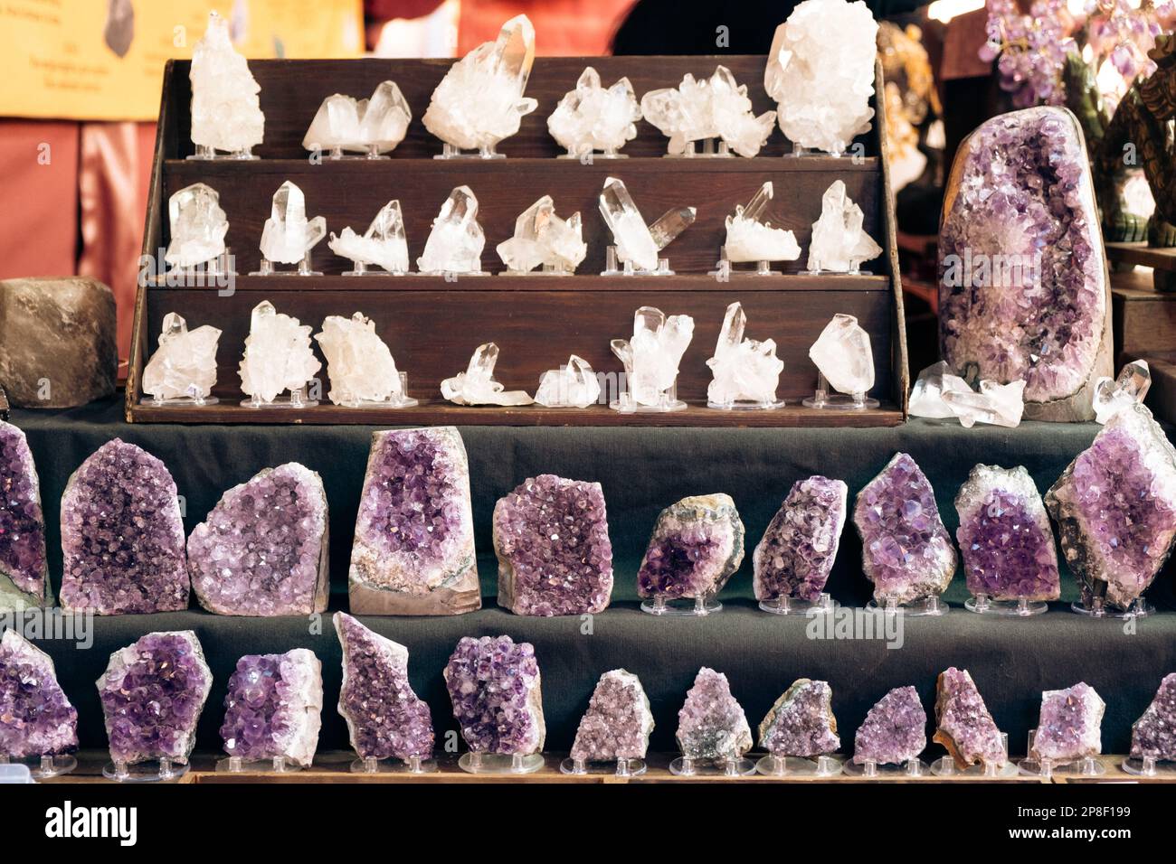Mineral collection. Amethysts and quartz in an exhibition Stock Photo ...