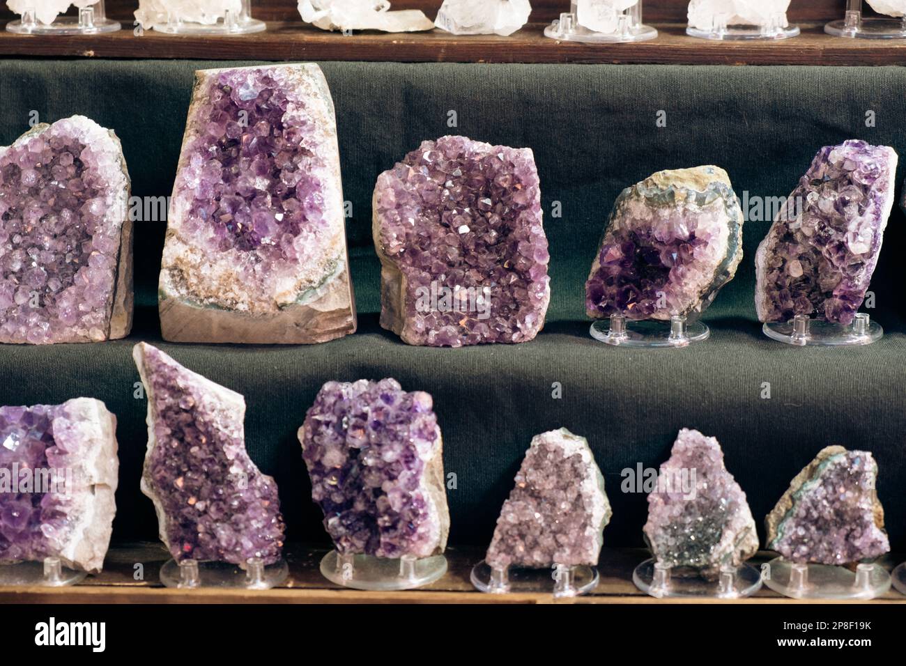 Amethyst pieces in a mineral exhibition Stock Photo - Alamy