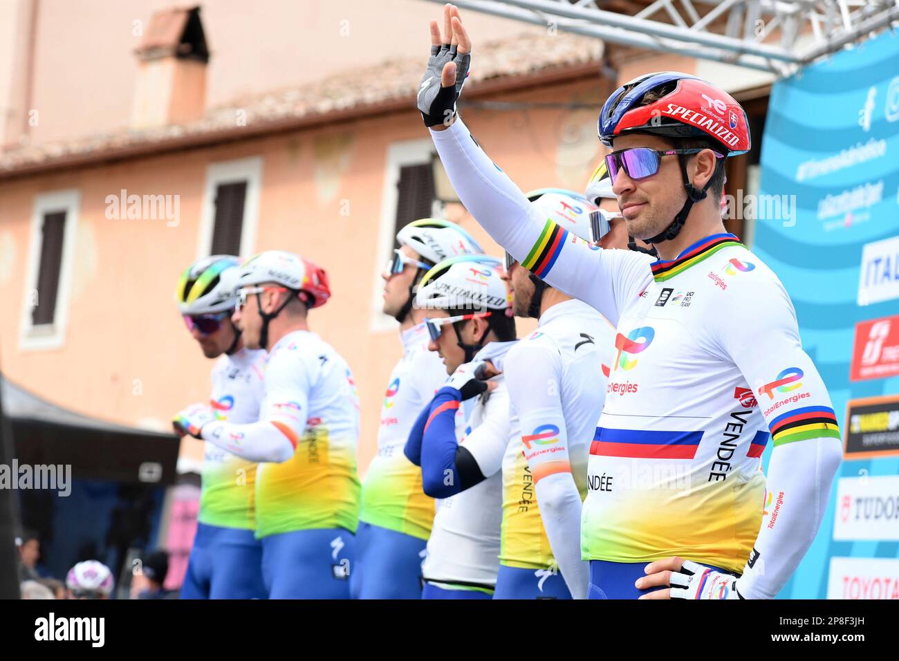 Slovakia's Peter Sagan, right, waves ahead of the fourth stage of the ...
