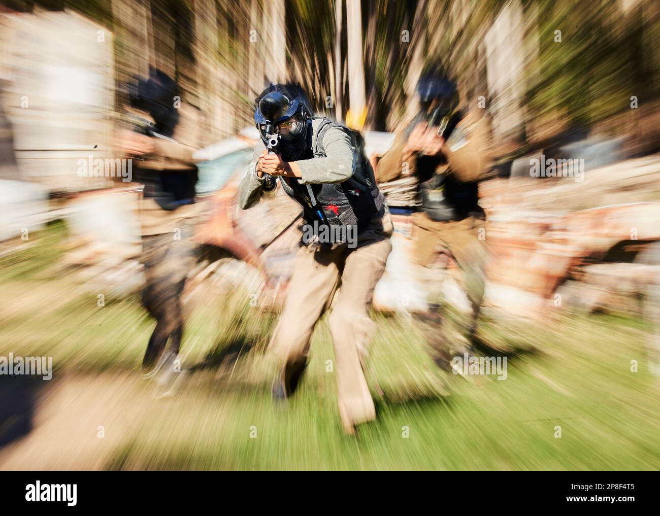 Blurred, military and people with guns for paintball, training and ...