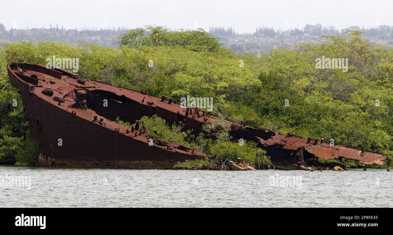 The remains of the USS LST-480, or Landing Ship Tank, is seen in West ...