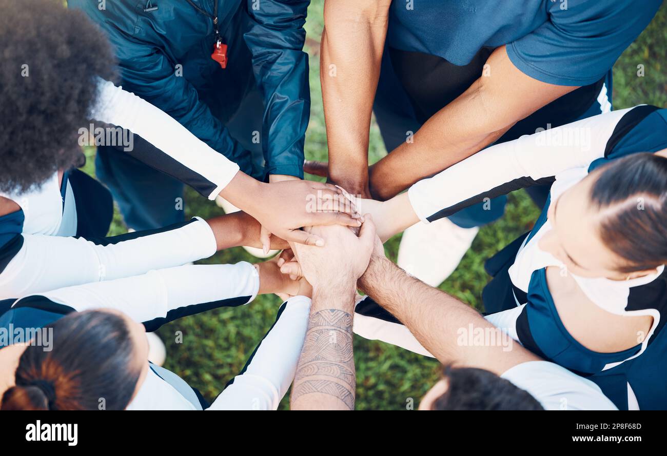 Above, hands and friends in sports huddle for support, collaboration or ...