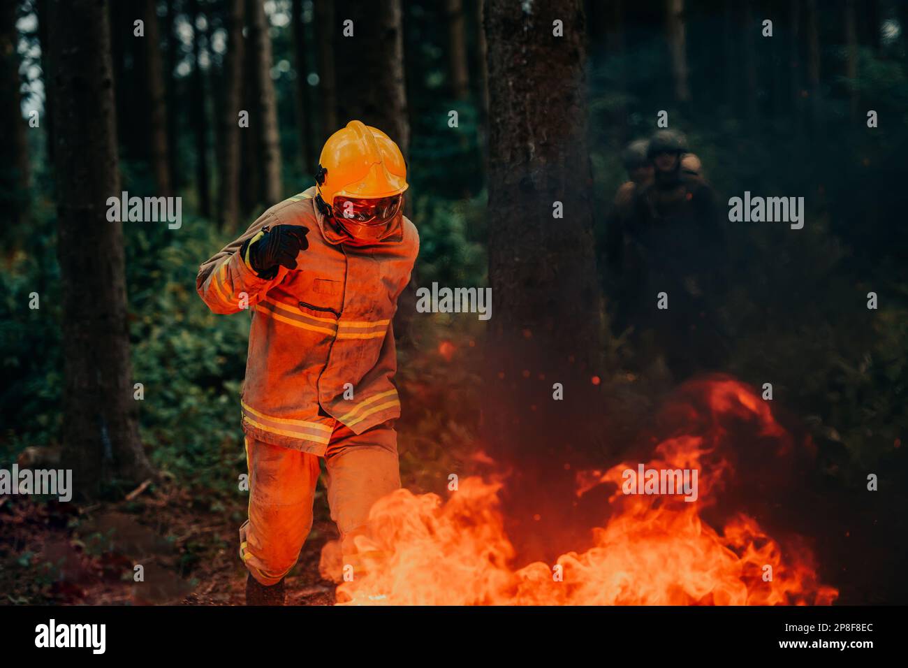 firefighter hero in action danger jumping over fire flame to rescue and ...