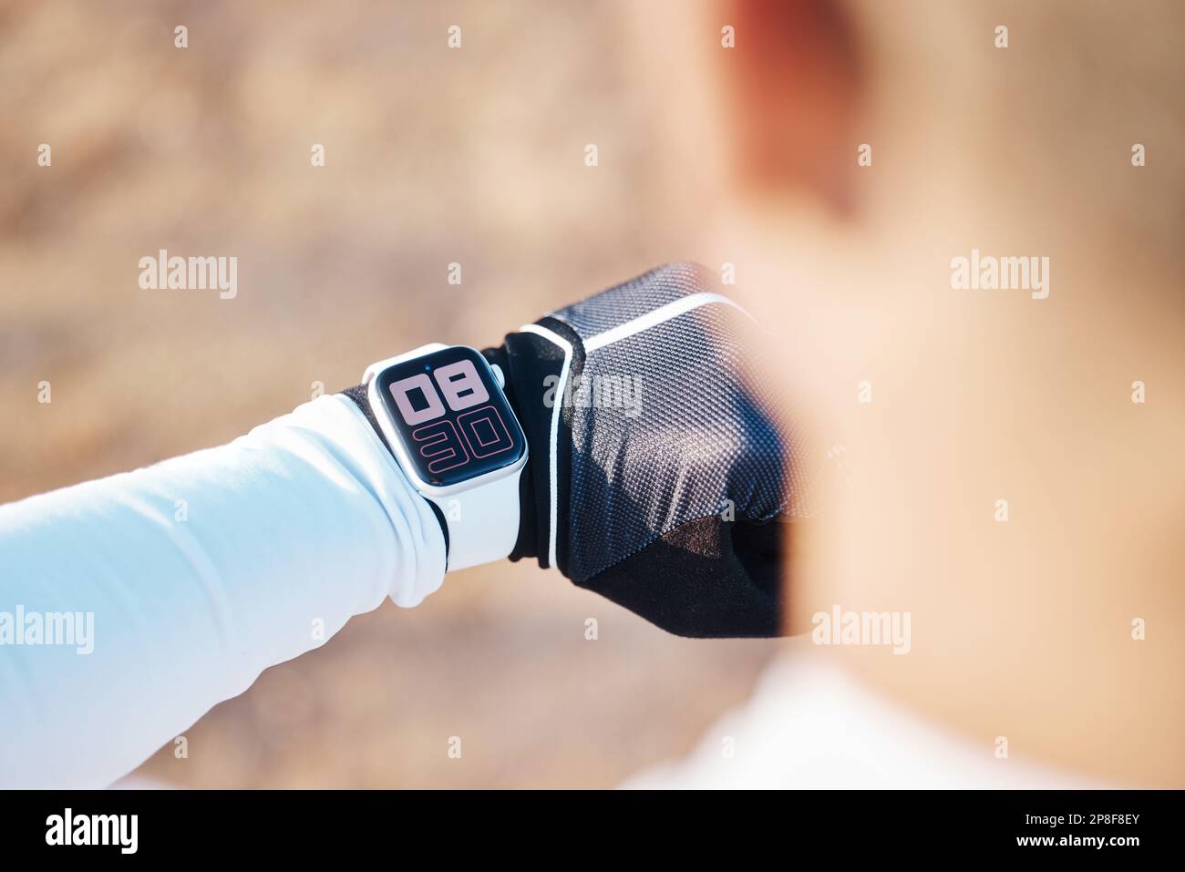 Watch, active and time on hand of person in a race as a stopwatch ...