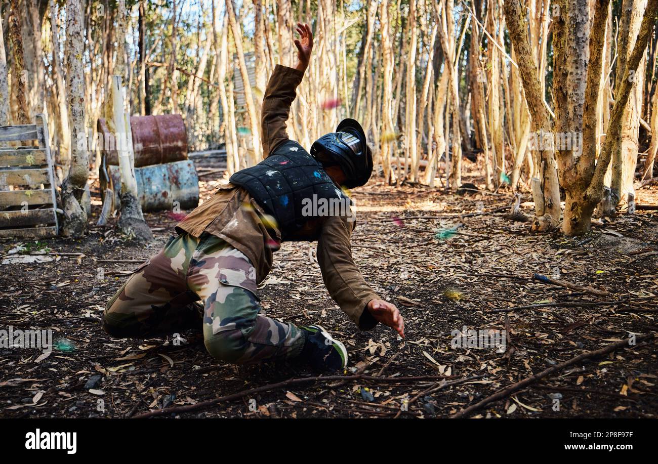 Man, paintball and dodging shots in the matrix for intense battle or ...