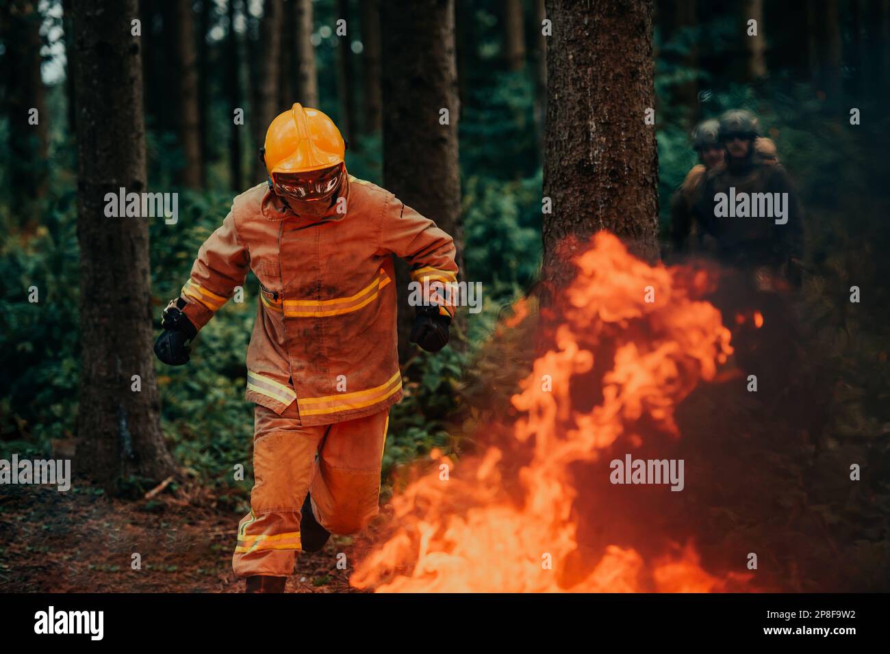 firefighter hero in action danger jumping over fire flame to rescue and ...