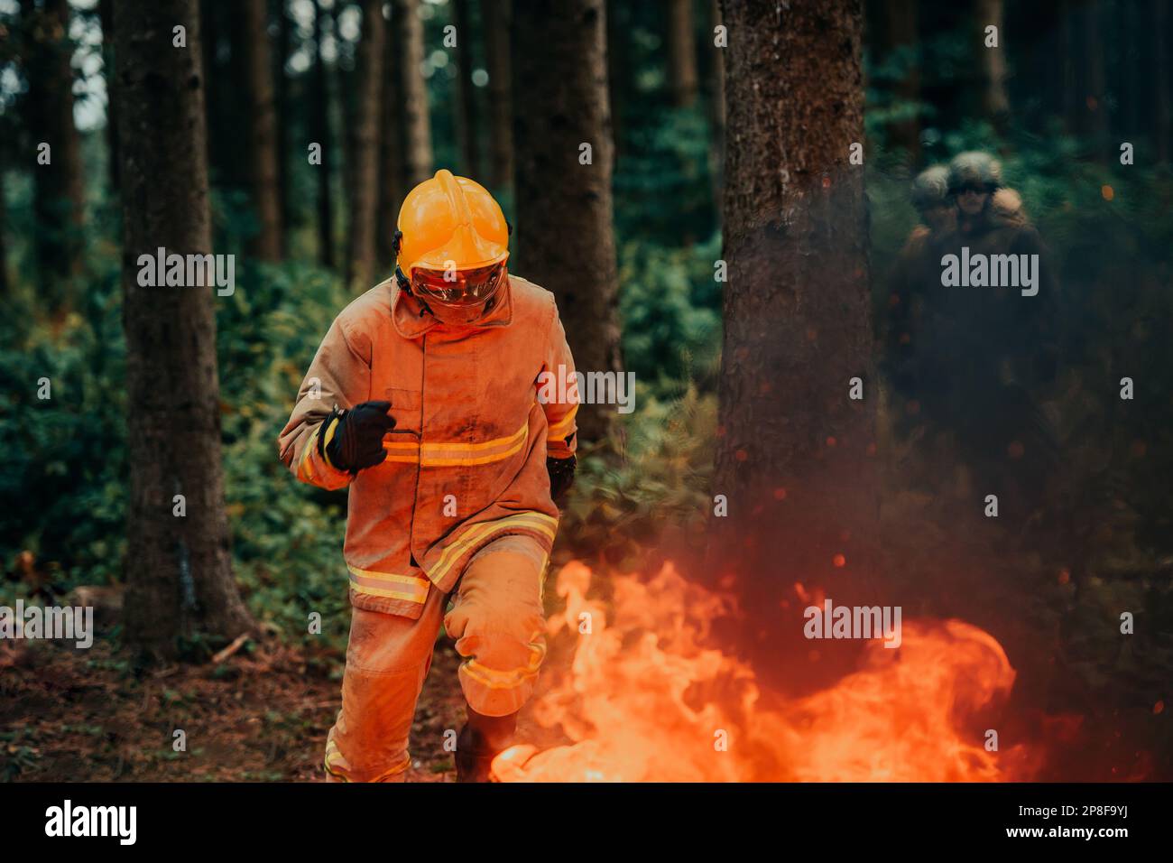 firefighter hero in action danger jumping over fire flame to rescue and ...