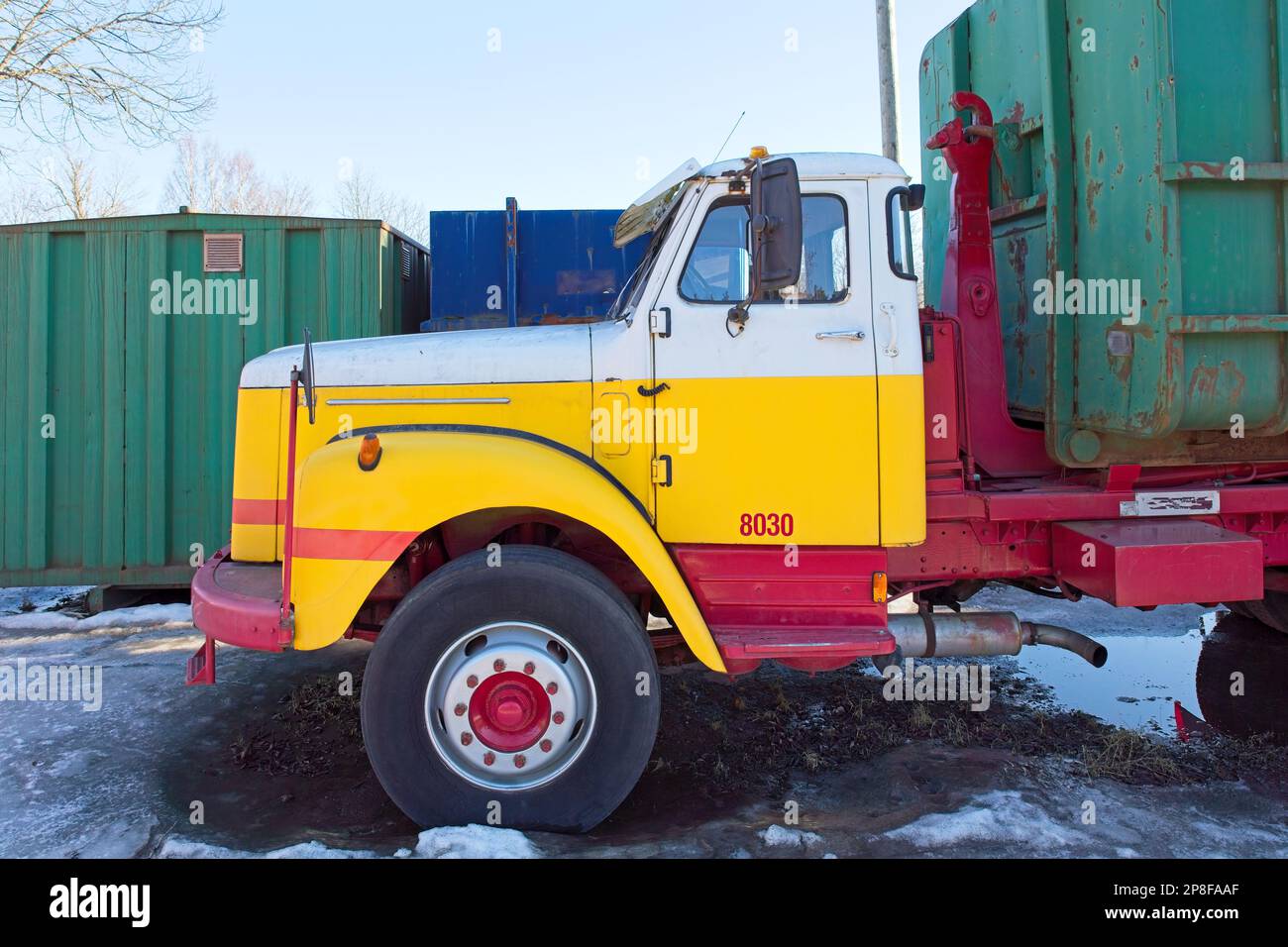 Colorful old truck cabin side view in yard Stock Photo - Alamy
