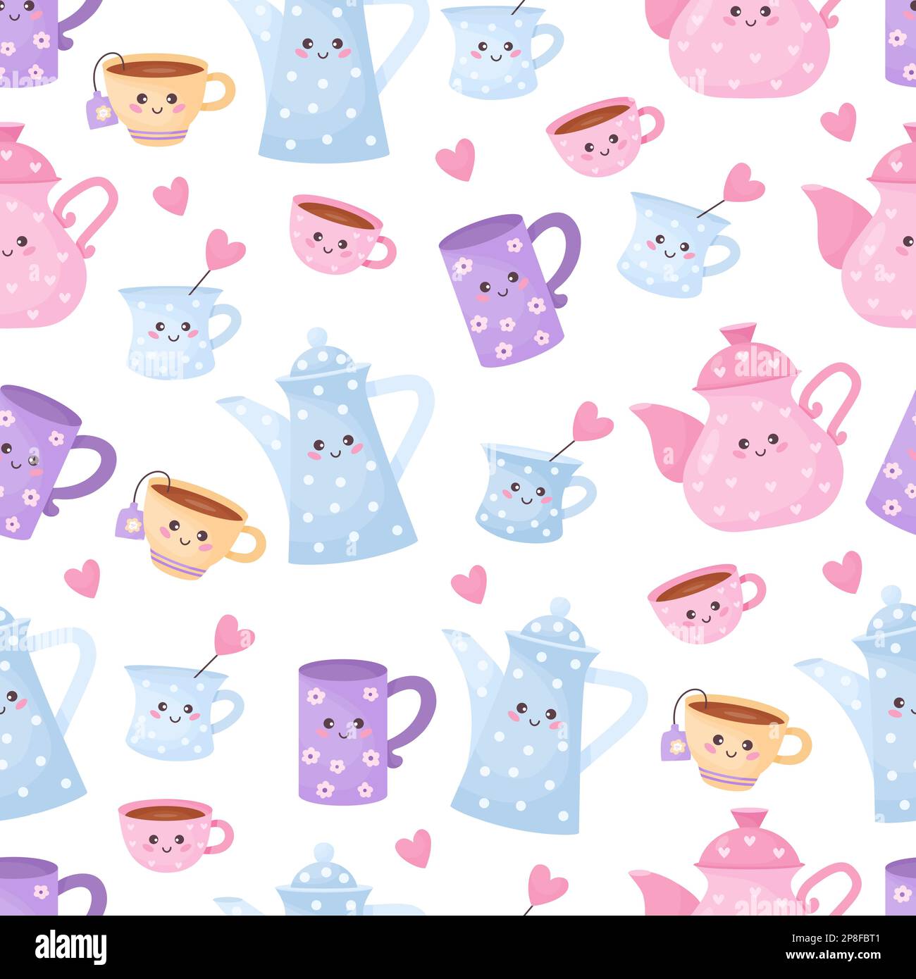 Seamless pattern with cute characters cups and teapots on white ...