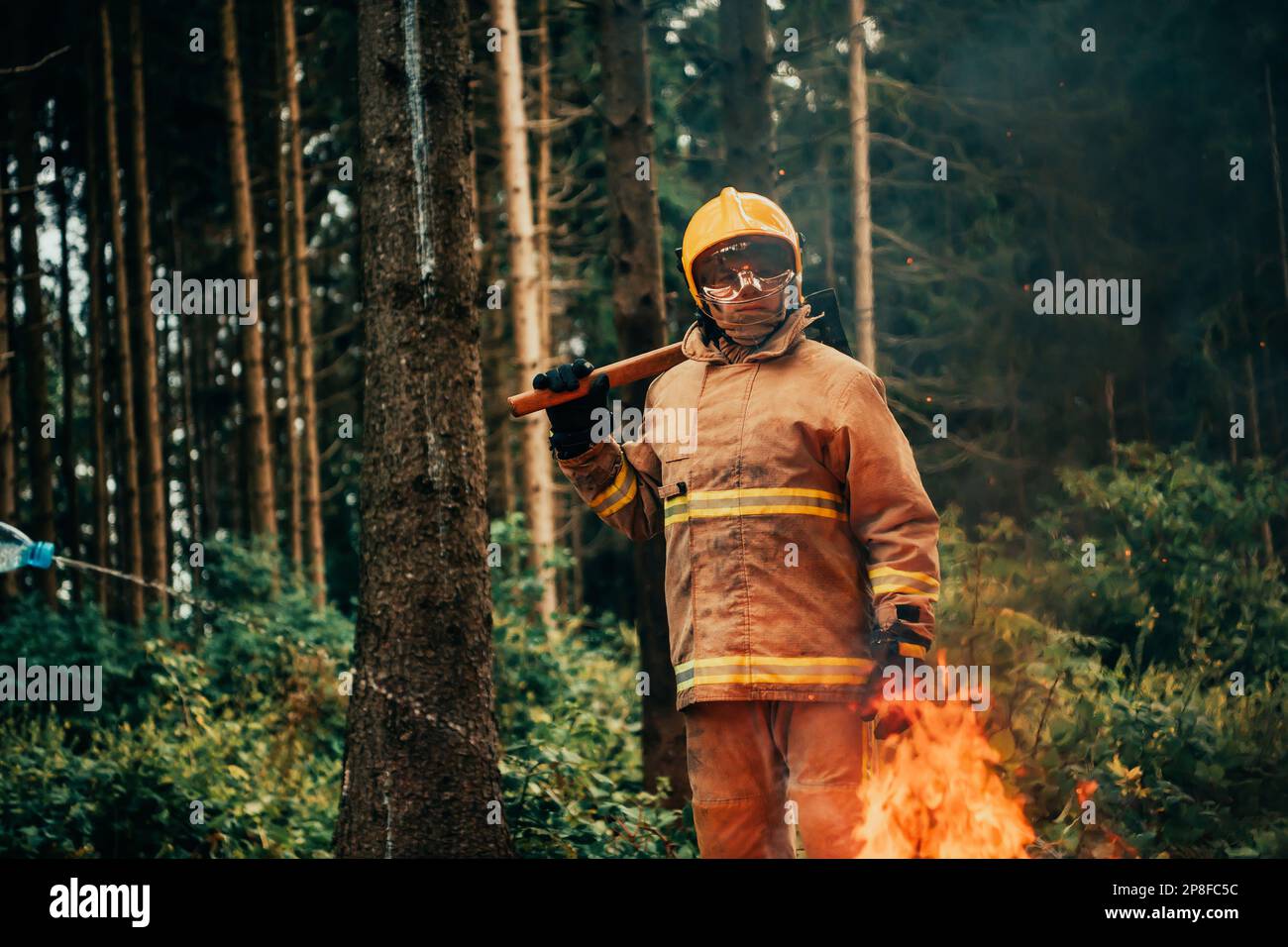 Firefighter at job. Firefighter in dangerous forest areas surrounded by ...