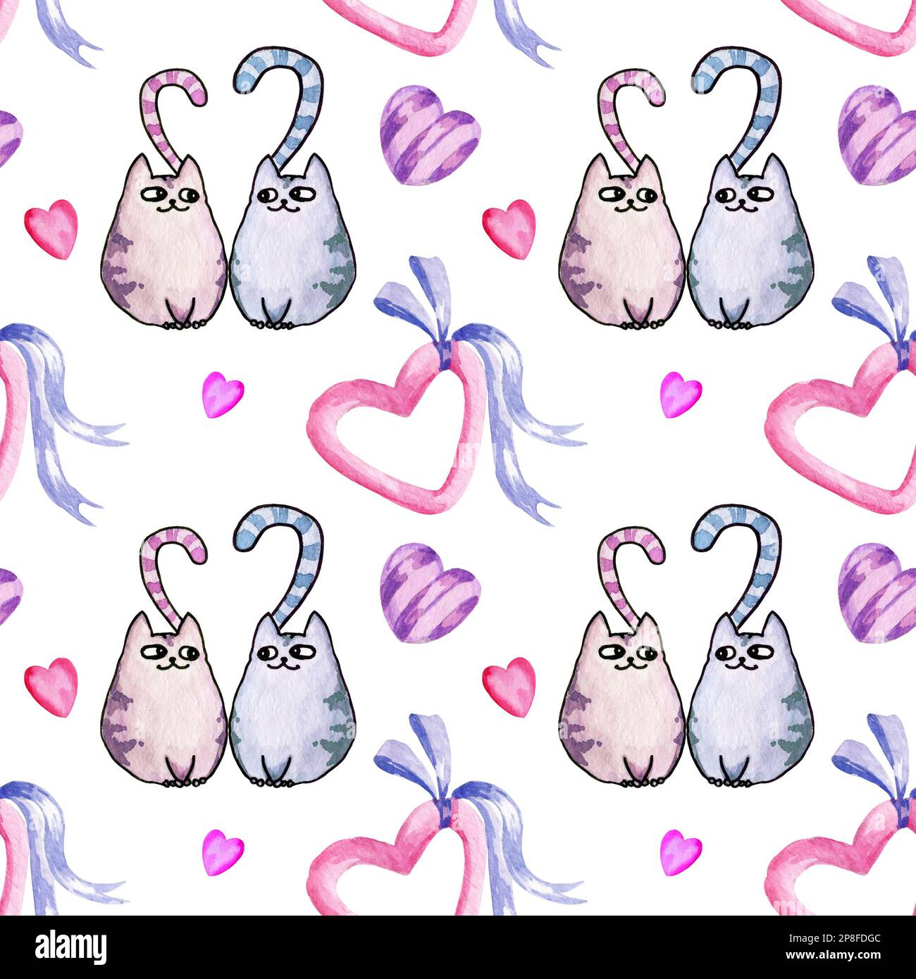 seamless watercolour pattern on Love theme with heart, cute cats ...