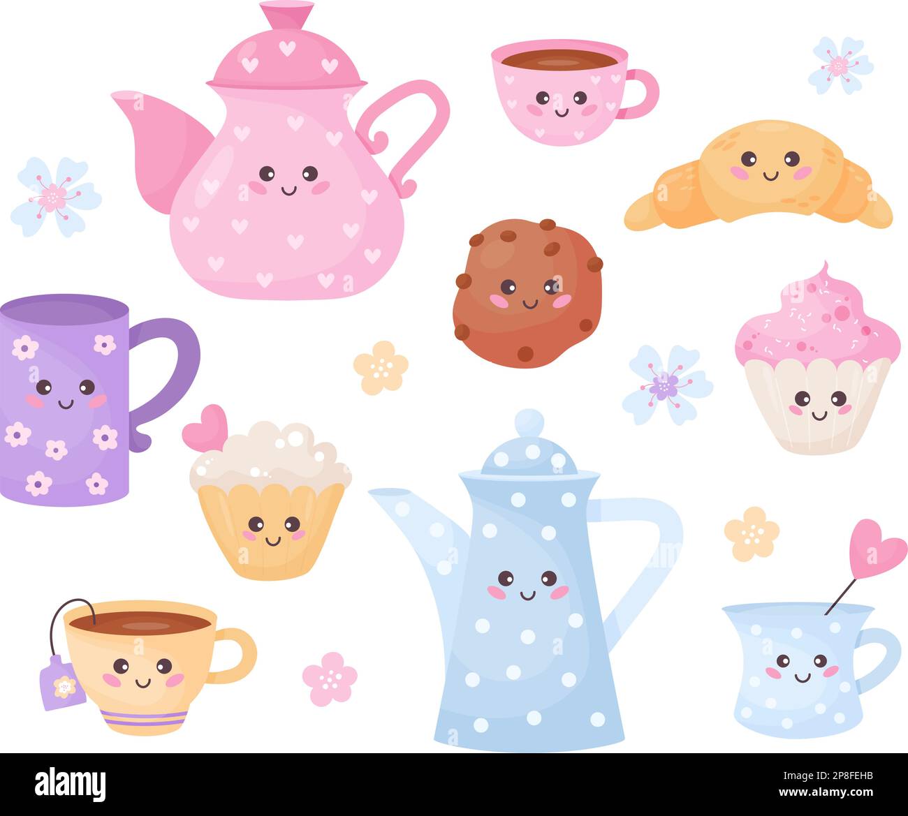 Cute characters cup, teapots, croissant, muffin and cookies. Vector ...