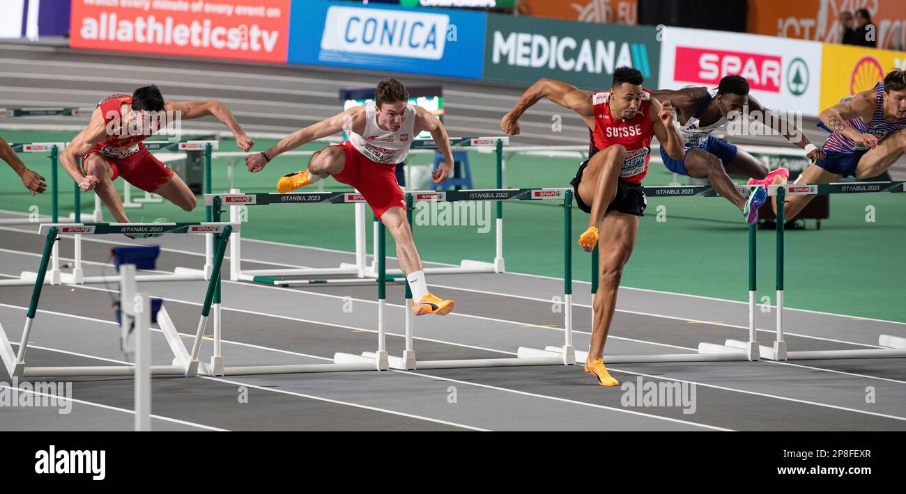 Enrique Llopis of Spain hits the last hurdle and falls while competing ...