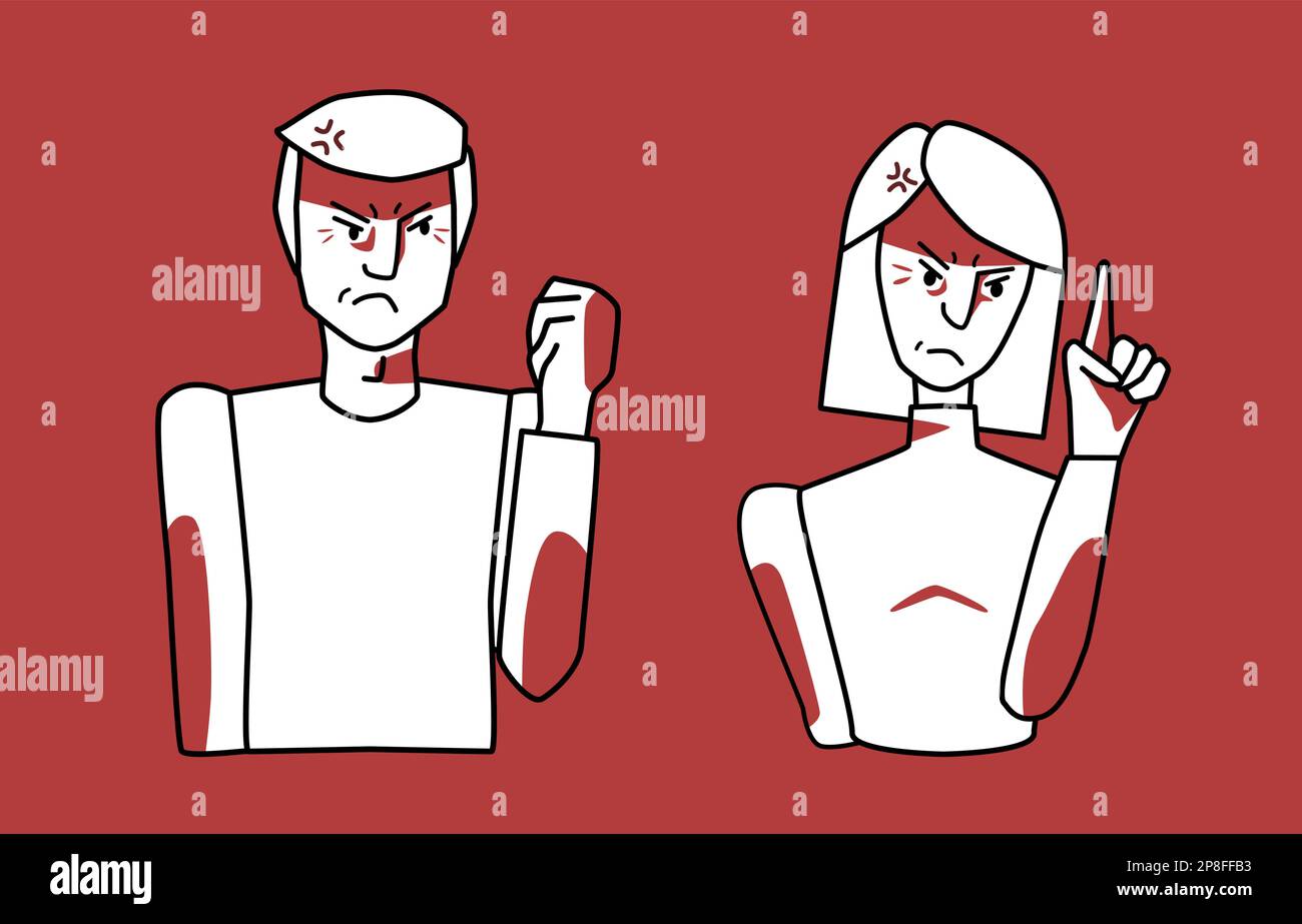 Angry man and woman characters, red and white, choleric mood, anger ...