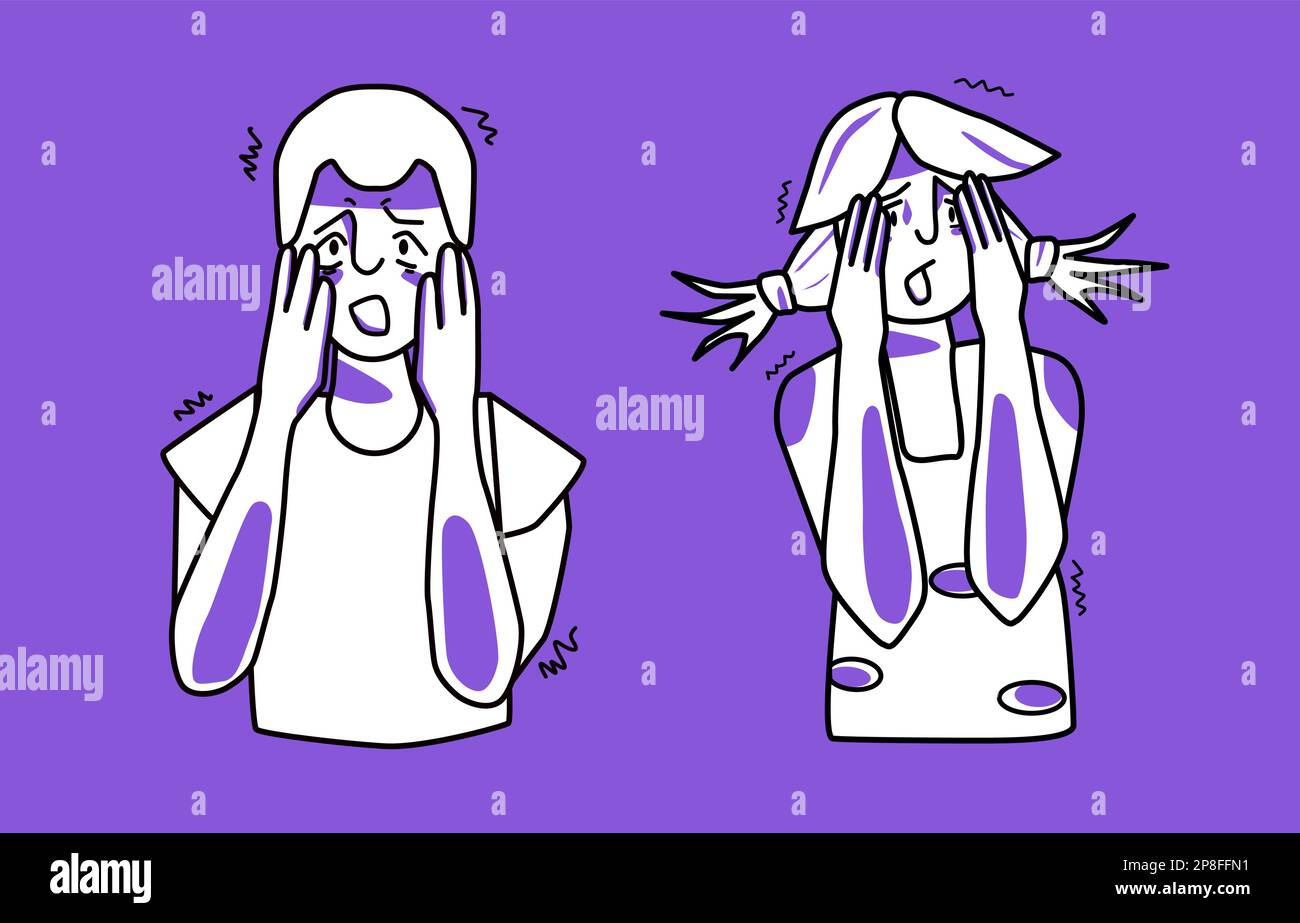 Young boy and girl with emotion of fear, purple and white, frightened ...