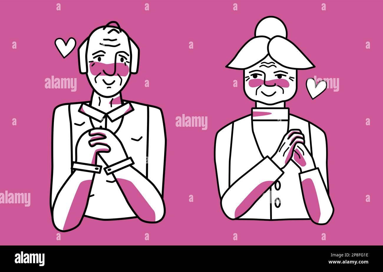 Shy old woman and man in love, pink and white, beloved grandmother and ...