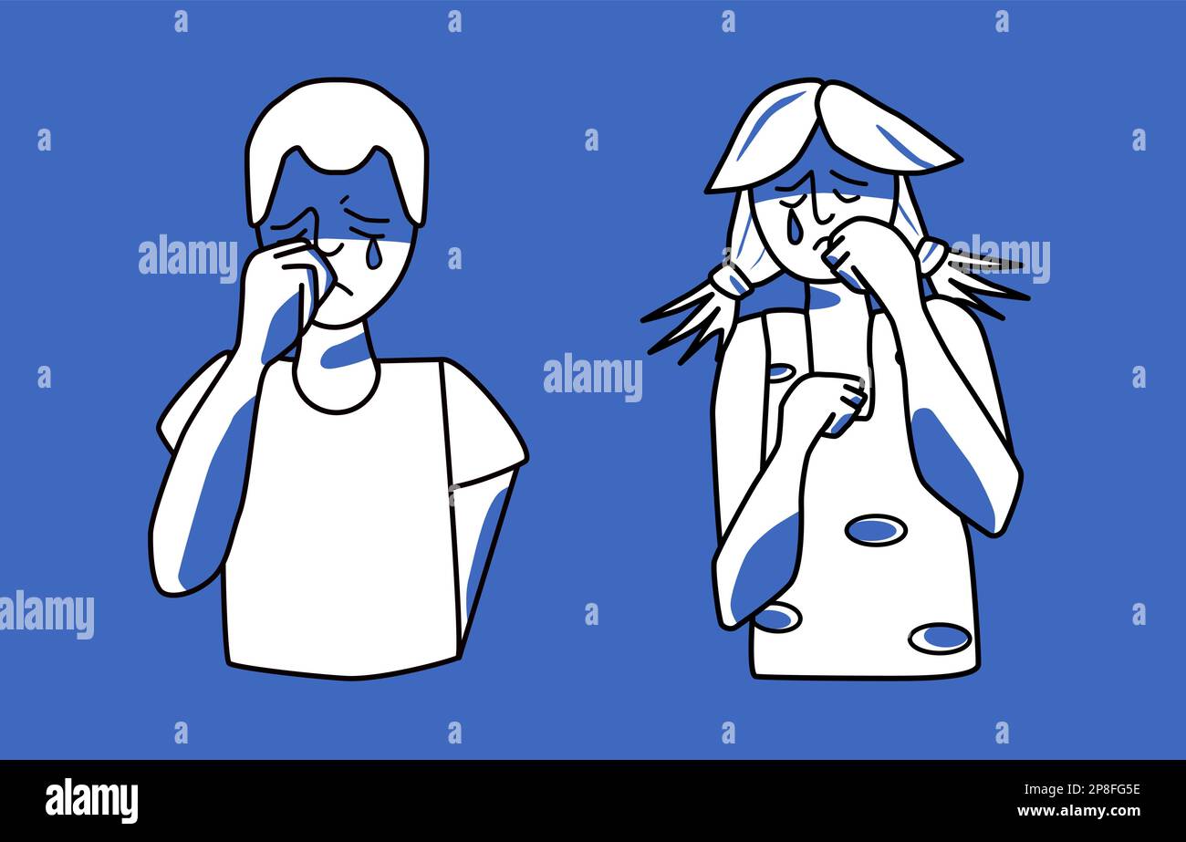 Sad boy and girl, emotion of sorrow, blue and white. Melancholy of ...
