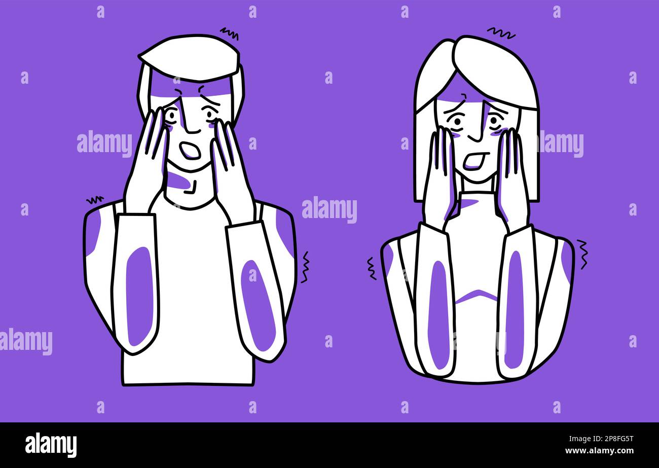Frightened man and woman, purple and white, emotion of fear, cover ...