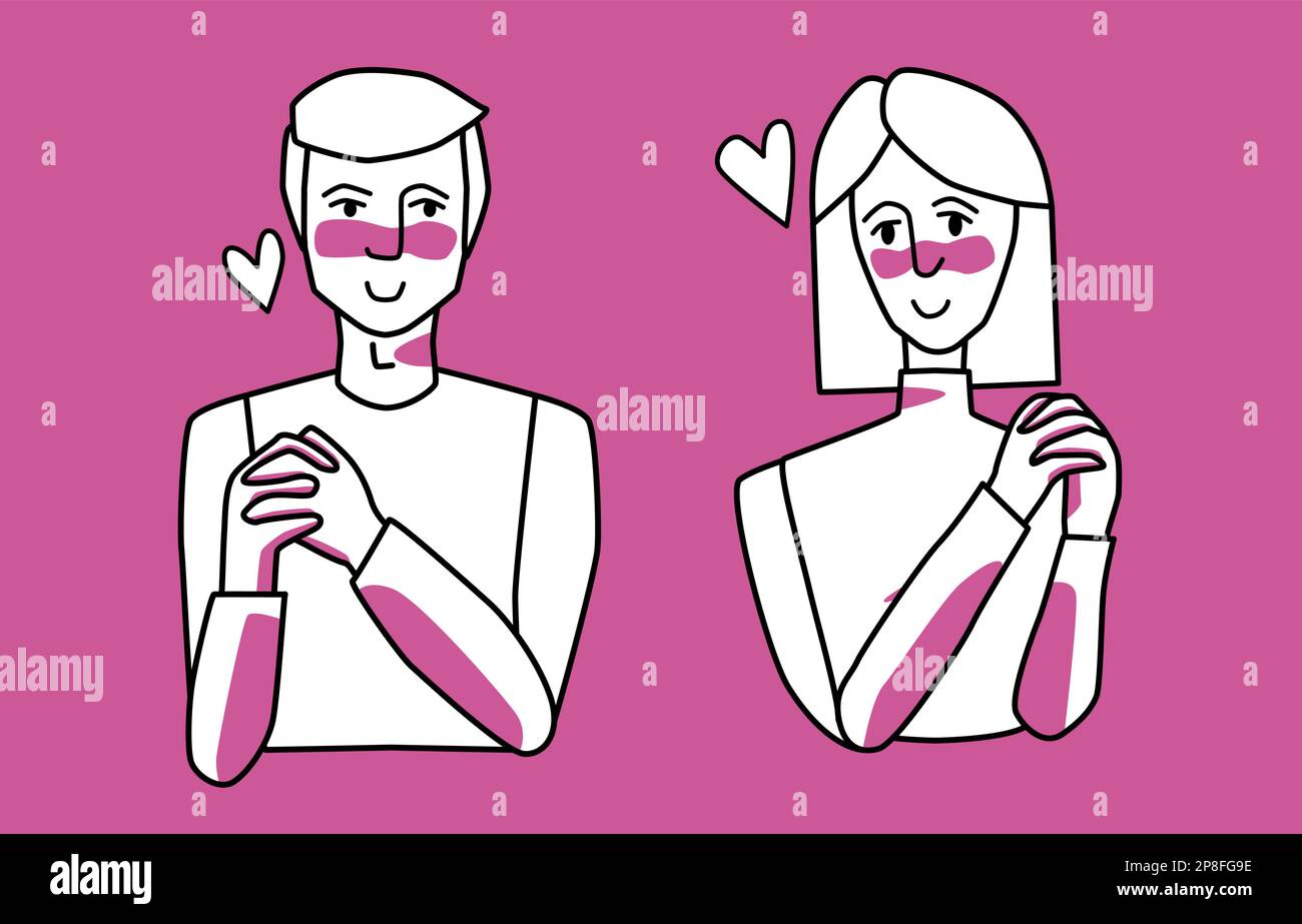 Tender man and woman in love, pink and white, shy beloved husband and ...