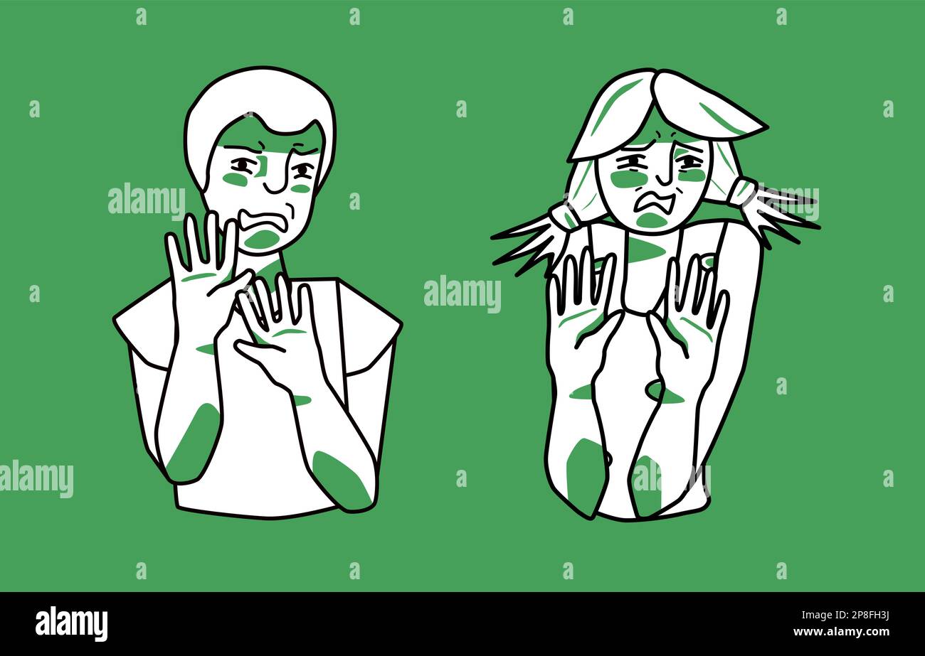 Boy and girl with emotion of disgust, green and white, antipathy mood ...