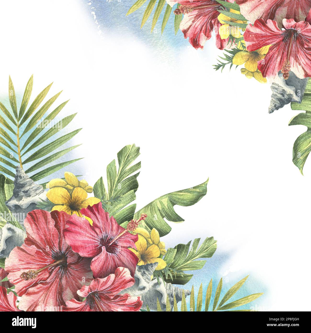 Tropical palm leaves with red hibiscus flowers. Watercolor illustration ...