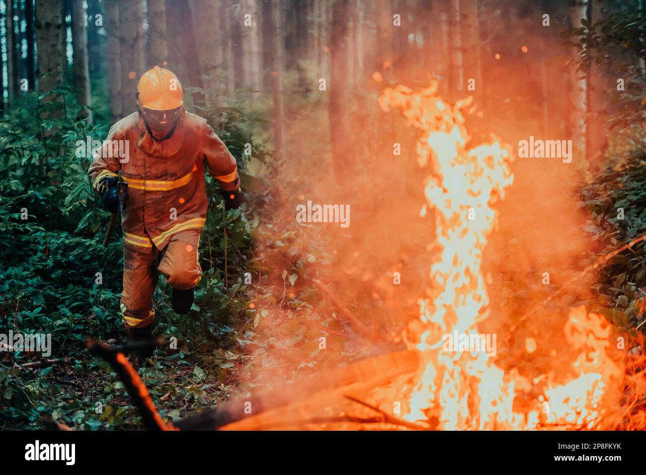 firefighter hero in action danger jumping over fire flame to rescue and ...