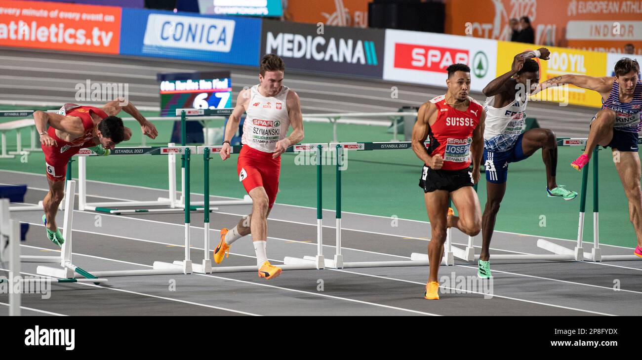 Enrique Llopis of Spain hits the last hurdle and falls while competing ...