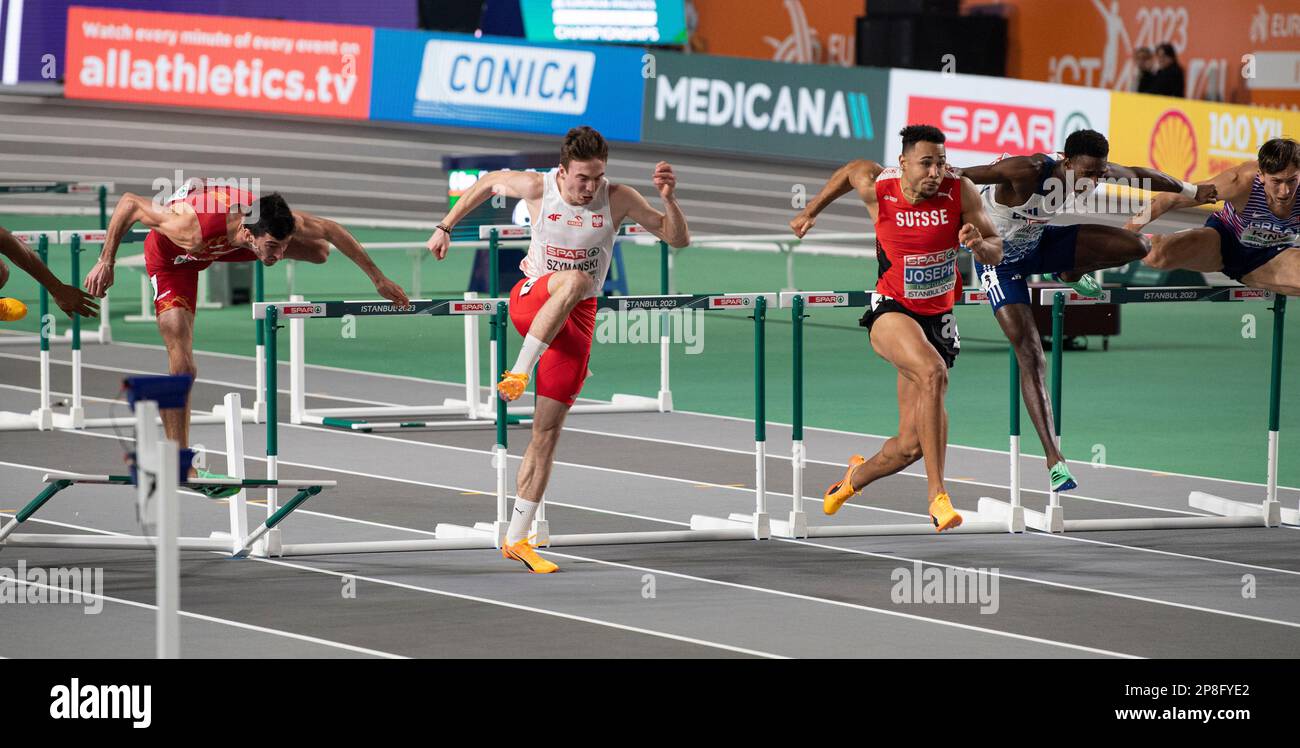 Enrique Llopis of Spain hits the last hurdle and falls while competing ...